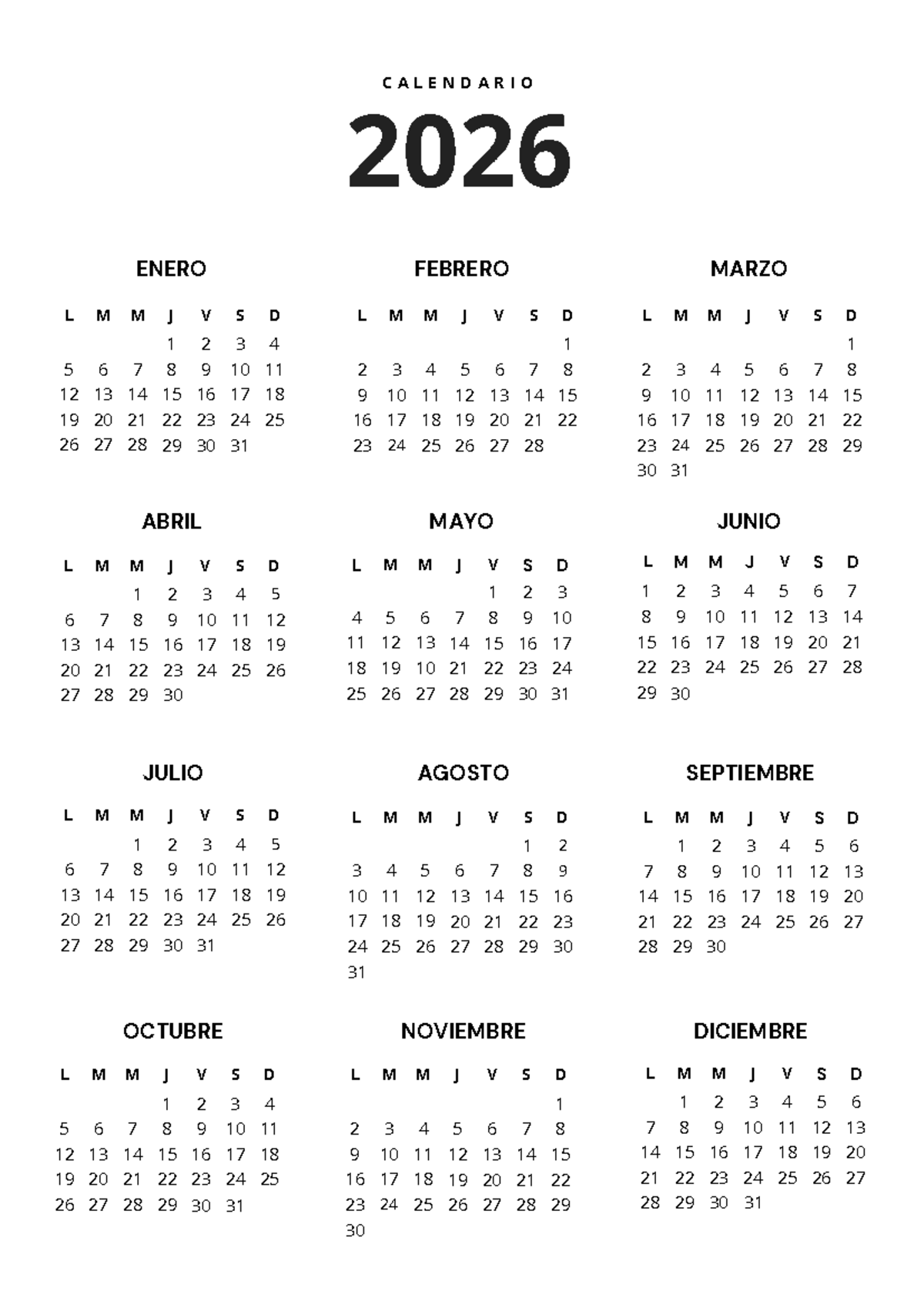 CALENDARIO ANUAL 2026 - SIMPLE BLANCO Y NEGRO - Studocu