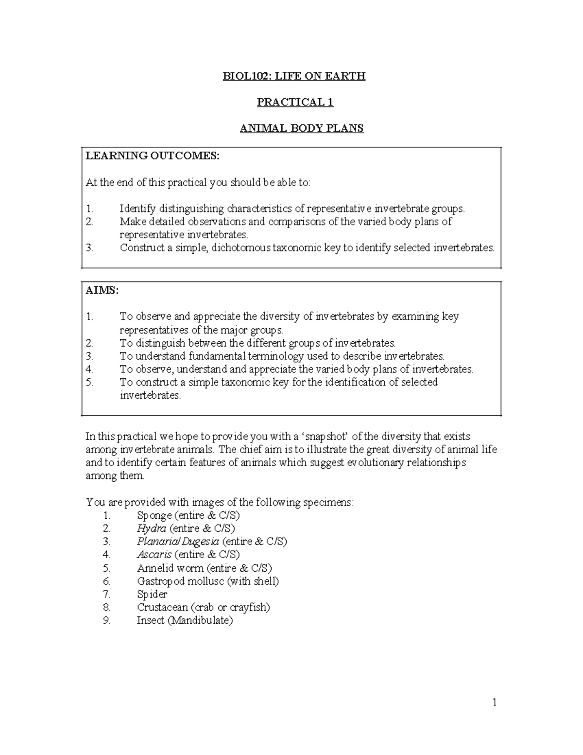 BIOL102: Practical 1 - Invertebrate Animal Body Plans & Taxonomy - Studocu