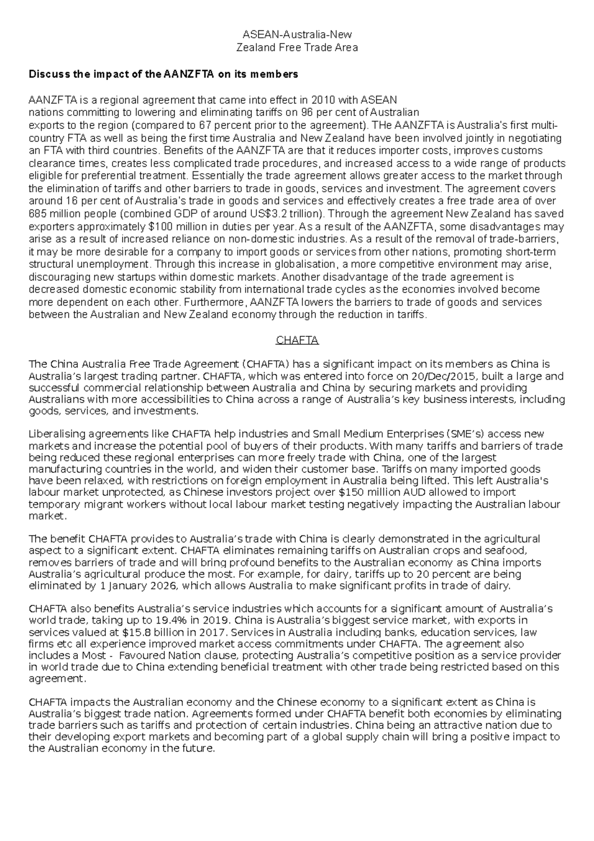 Impact of AANZFTA, CHAFTA, and EU on Trade Dynamics: An Analysis - Studocu