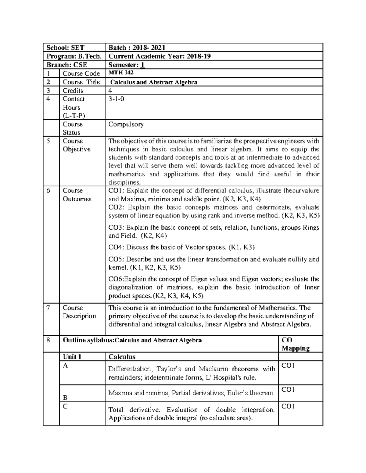 MTH 142 - Calculus and Abstract Algebra Course Overview & Objectives ...