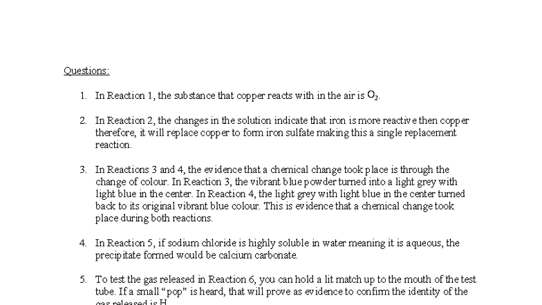 Types of Chemical Reactions Lab 5C: Observations & Analysis - Studocu