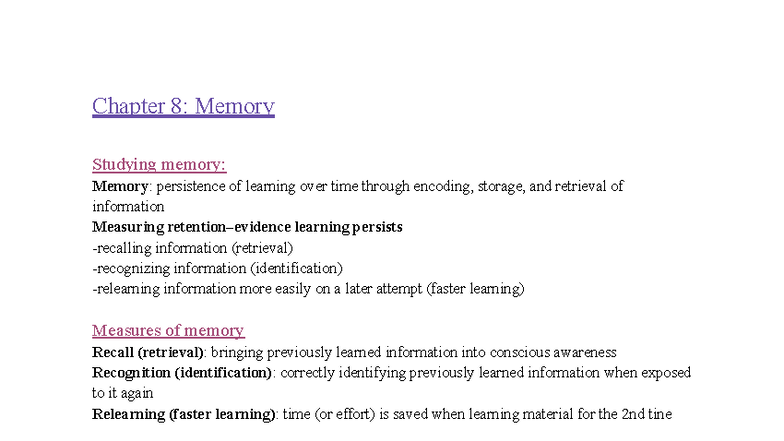 PSYC100A-T2 Chapter 8: Memory, Learning, and Neurobiology Insights - Studocu