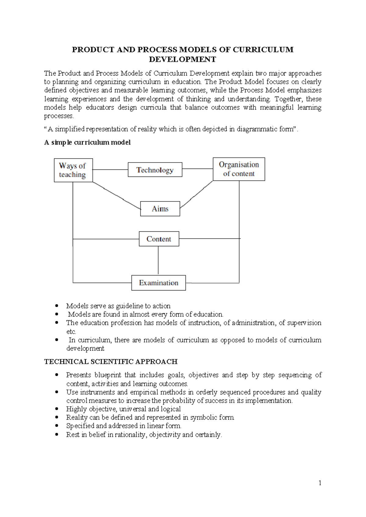 Models of Curriculum Development: Product & Process Approaches - Studocu