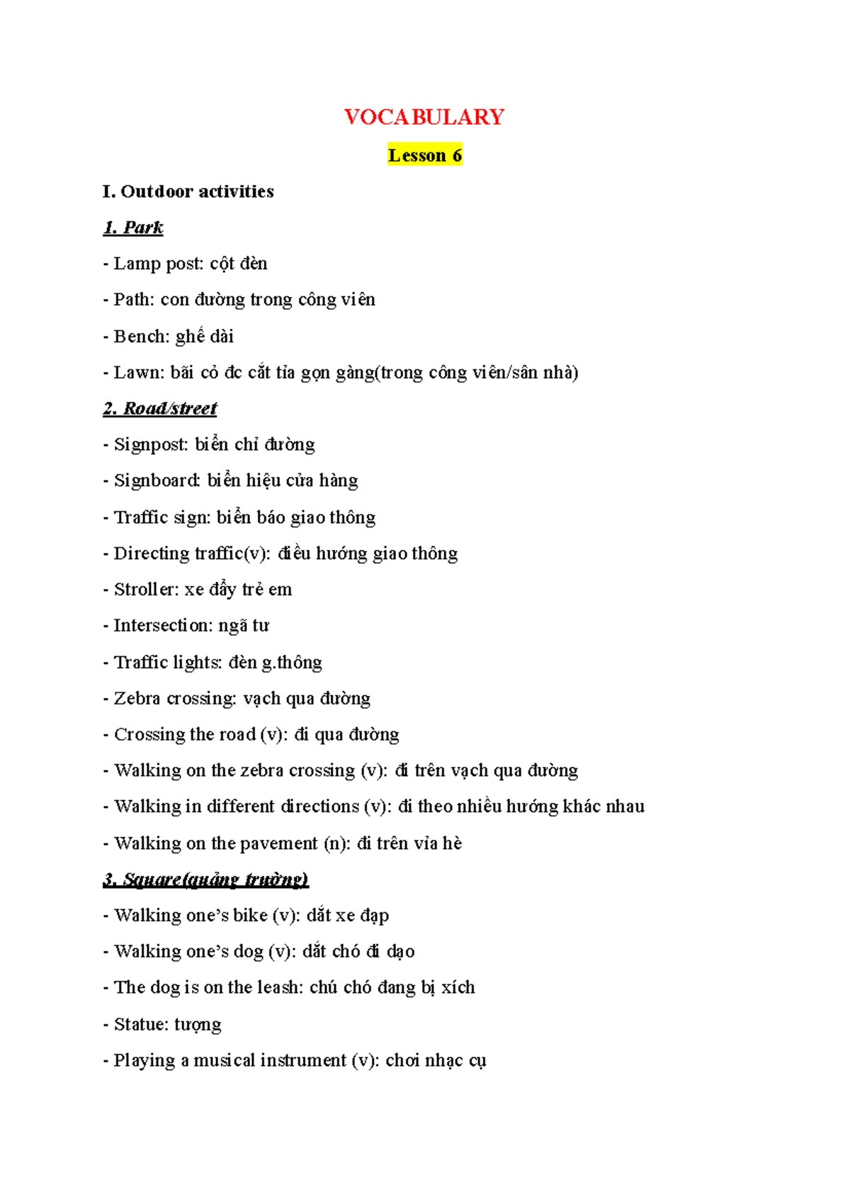 Vocabulary Lesson 6 & 7: Outdoor Activities and Daily Life - Studocu