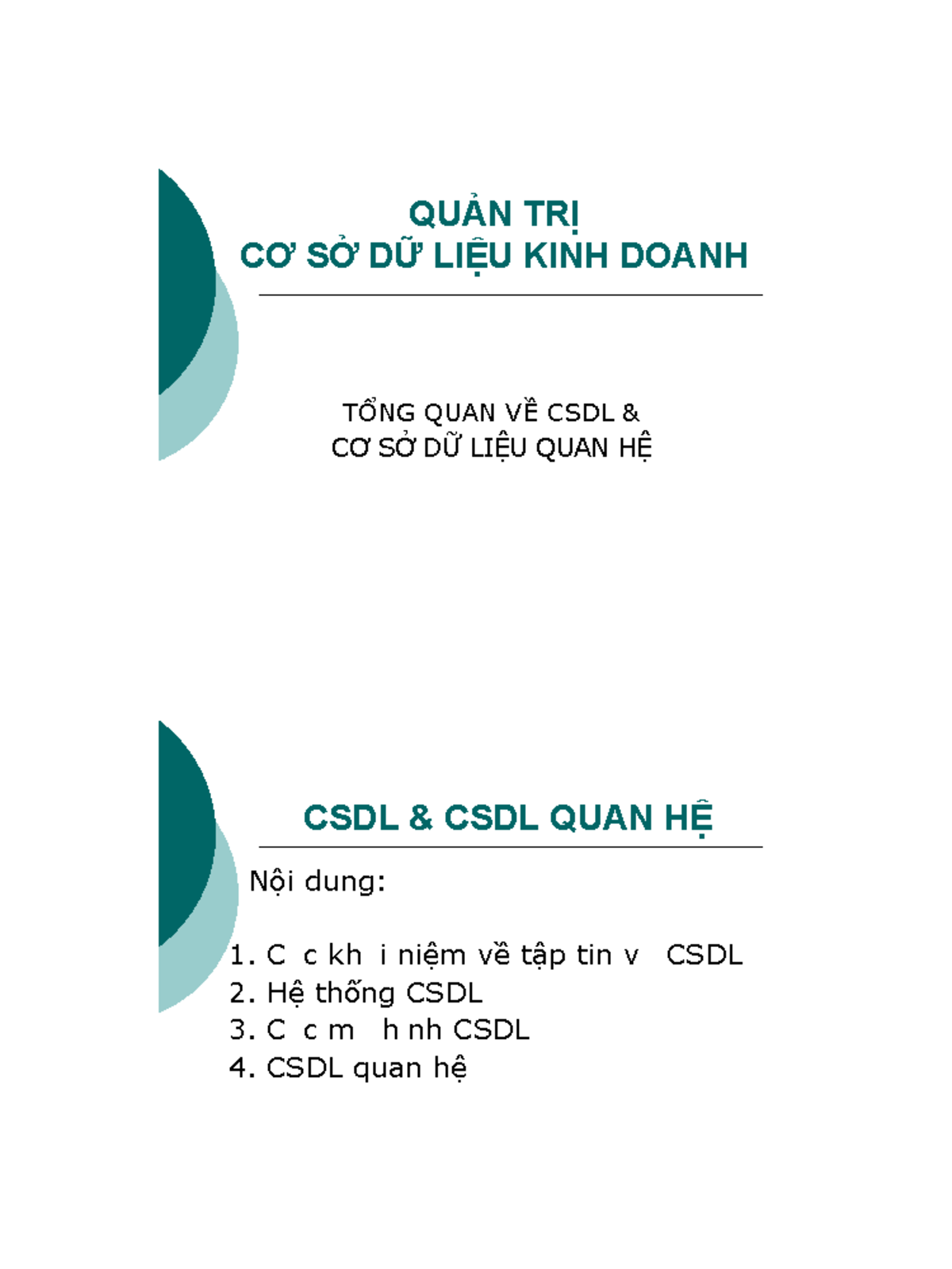 QUẢN TRỊ CƠ SỞ DỮ LIỆU: TỔNG QUAN VỀ CSDL QUAN HỆ (Ch1) - Studocu