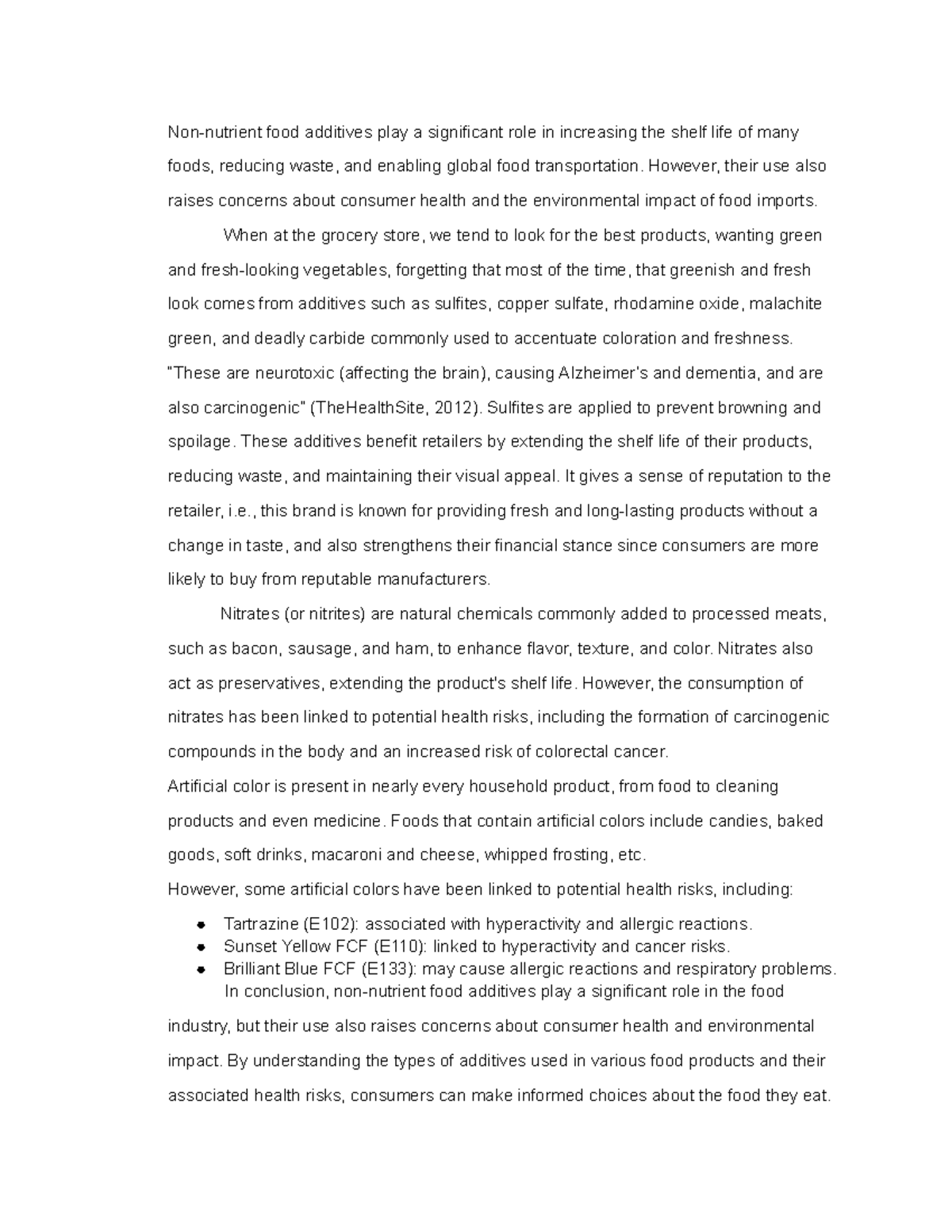 Lesson 11 Assignment: Impact of Non-Nutrient Food Additives on Health ...