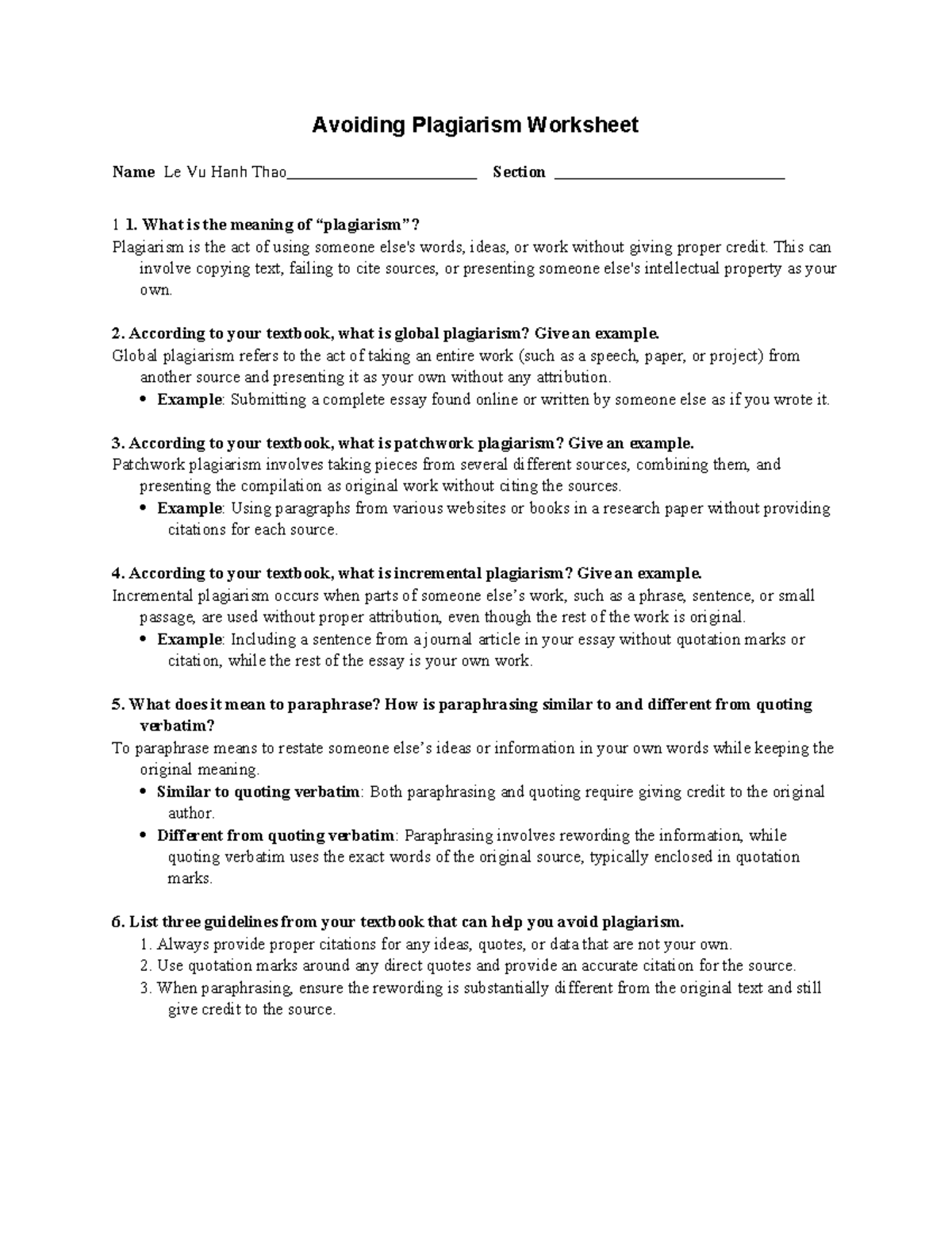 Avoiding Plagiarism Worksheet: Key Concepts & Examples - Studocu