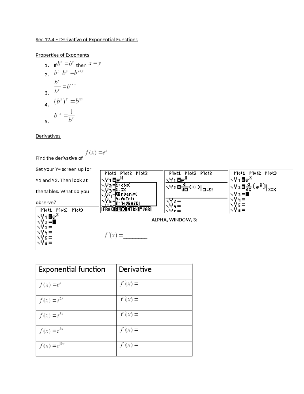MATH 1325 Section 12.4: Derivatives of Exponential Functions - Studocu