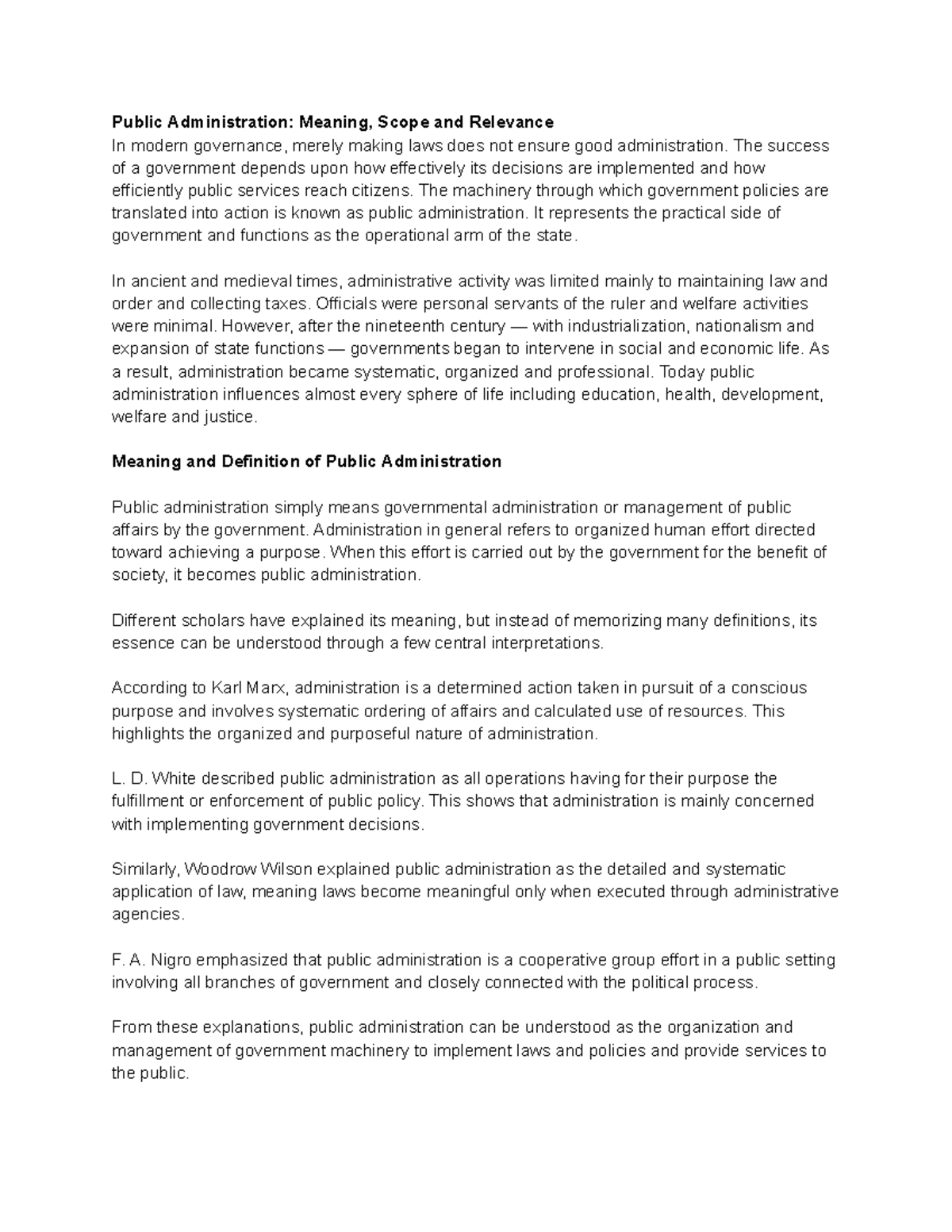 Public Administration: Meaning, Scope & Relevance in Governance - Studocu