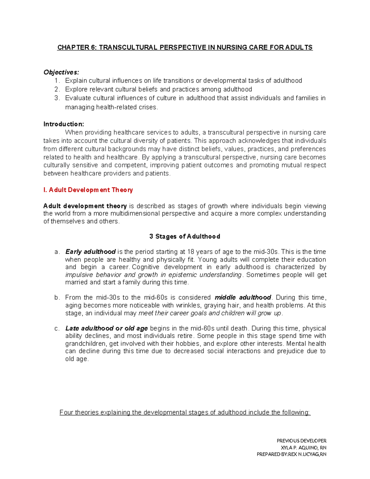 Transcultural Perspectives in Nursing Care for Adults - Chapter 6 - Studocu