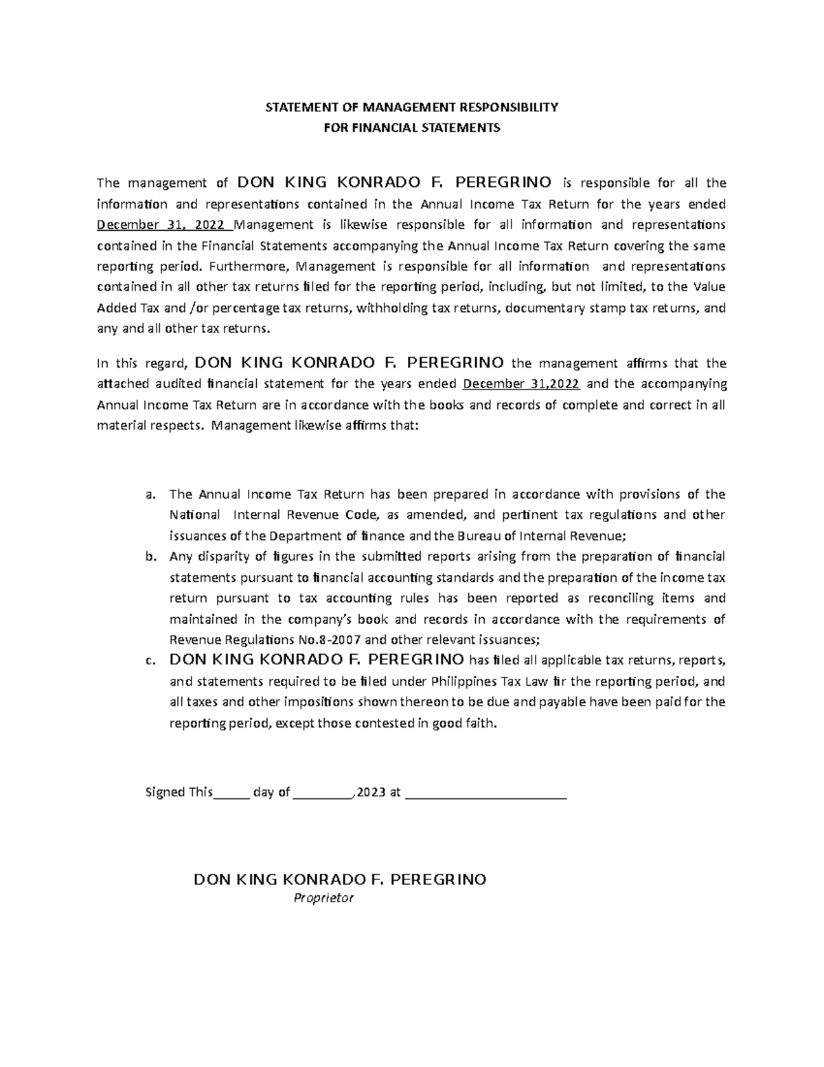 Single Proprietor SMR - Financial Statements for 2022 Tax Return - Studocu