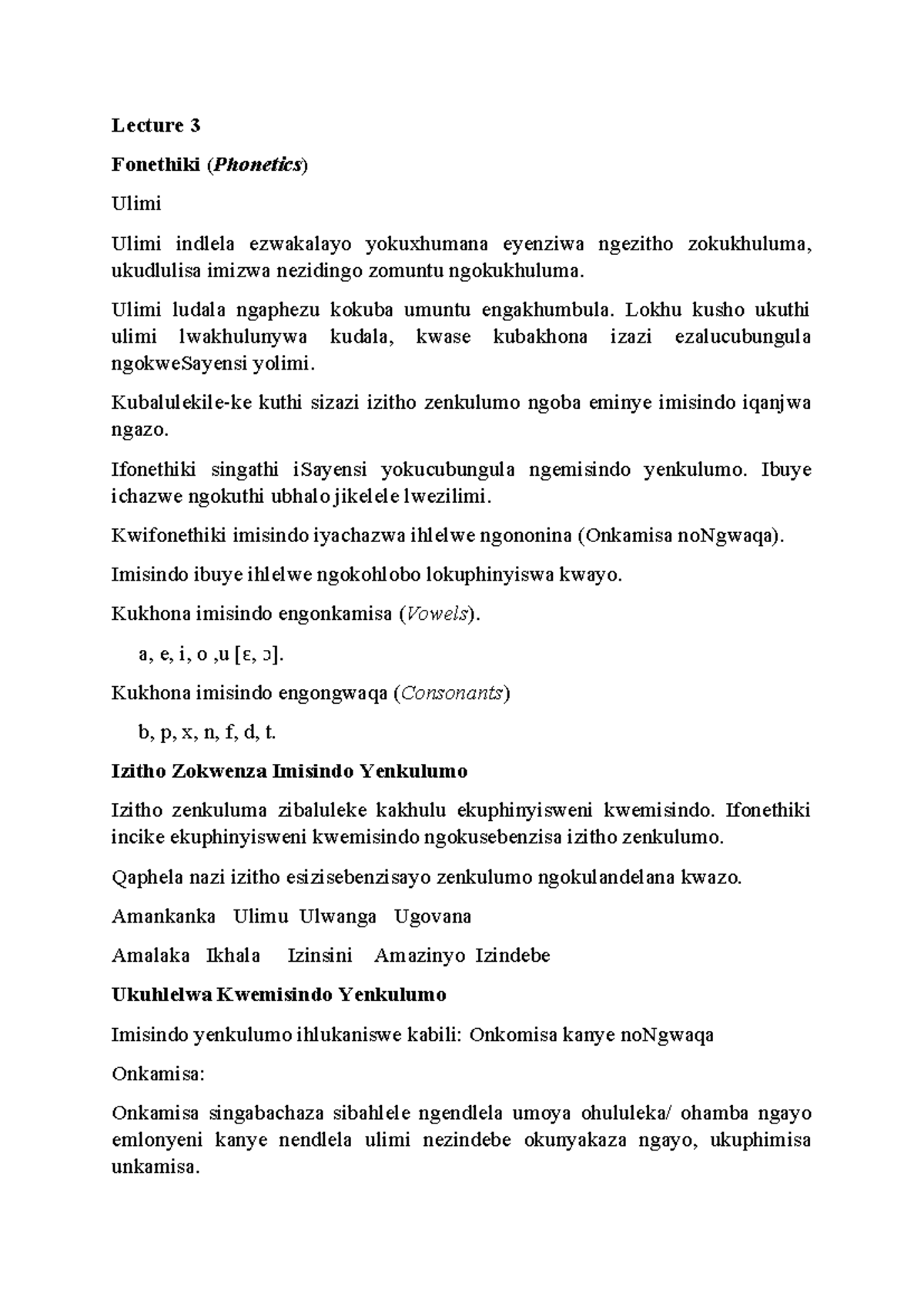 Lecture 3: Fonethiki - Ulimi Nezitho Zokukhuluma - Studocu