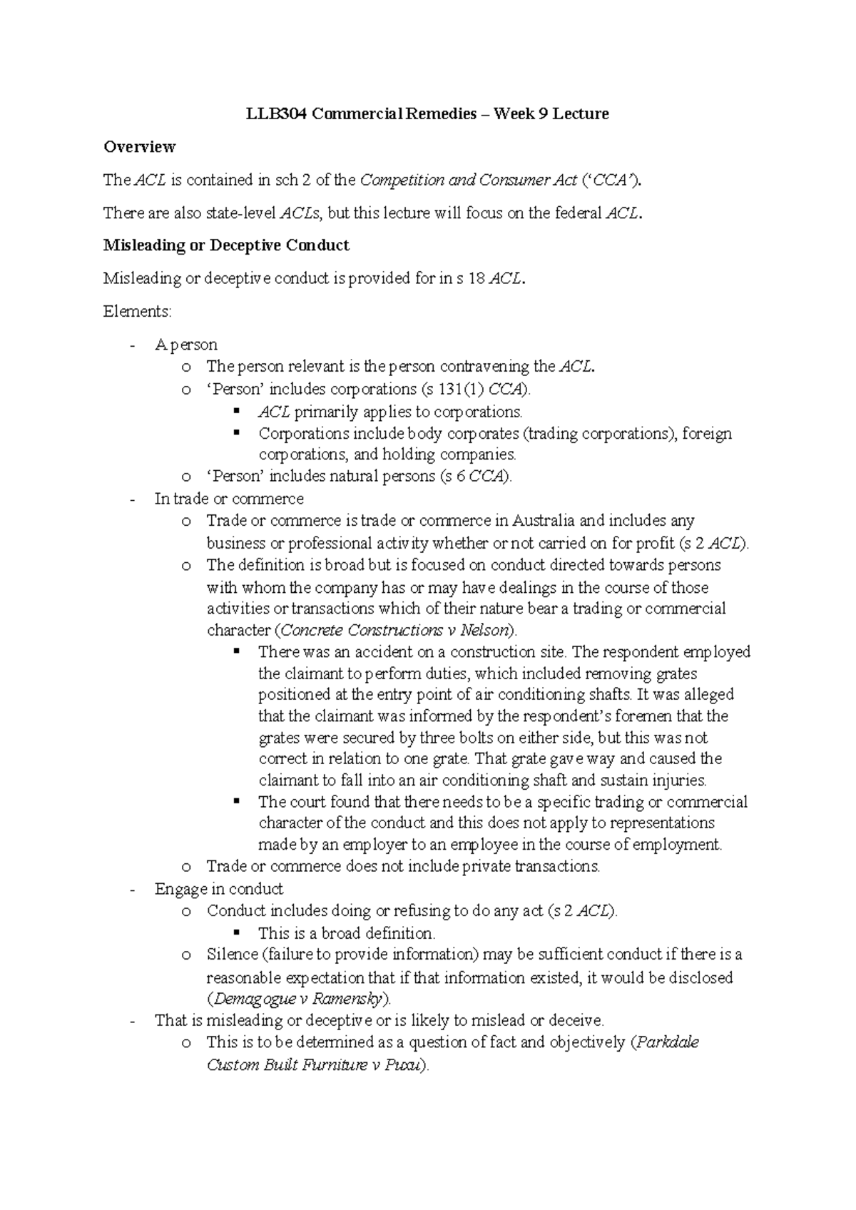 LLB304 Commercial Remedies Week 9 Lecture: Misleading Conduct Overview ...