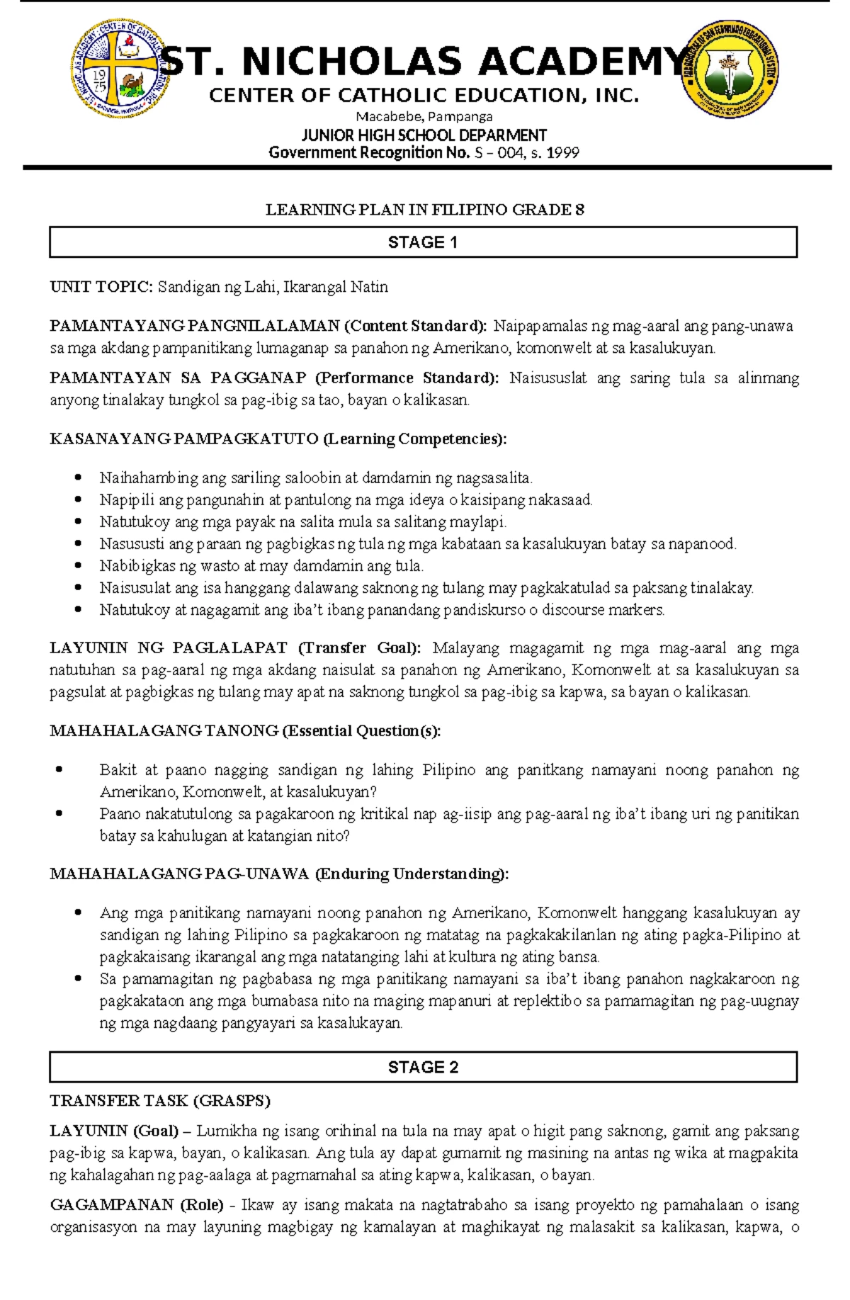 Learning Plan in Filipino GRADE 8: Kontemporaneong Panitikan - Studocu