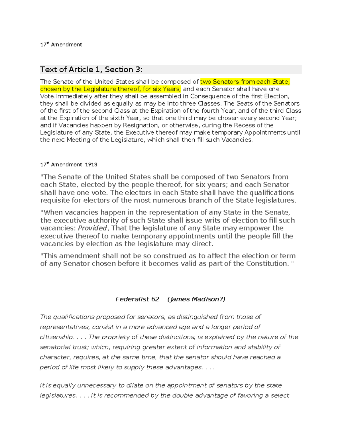Analysis of the Seventeenth Amendment's Impact on U.S. Senate Elections ...
