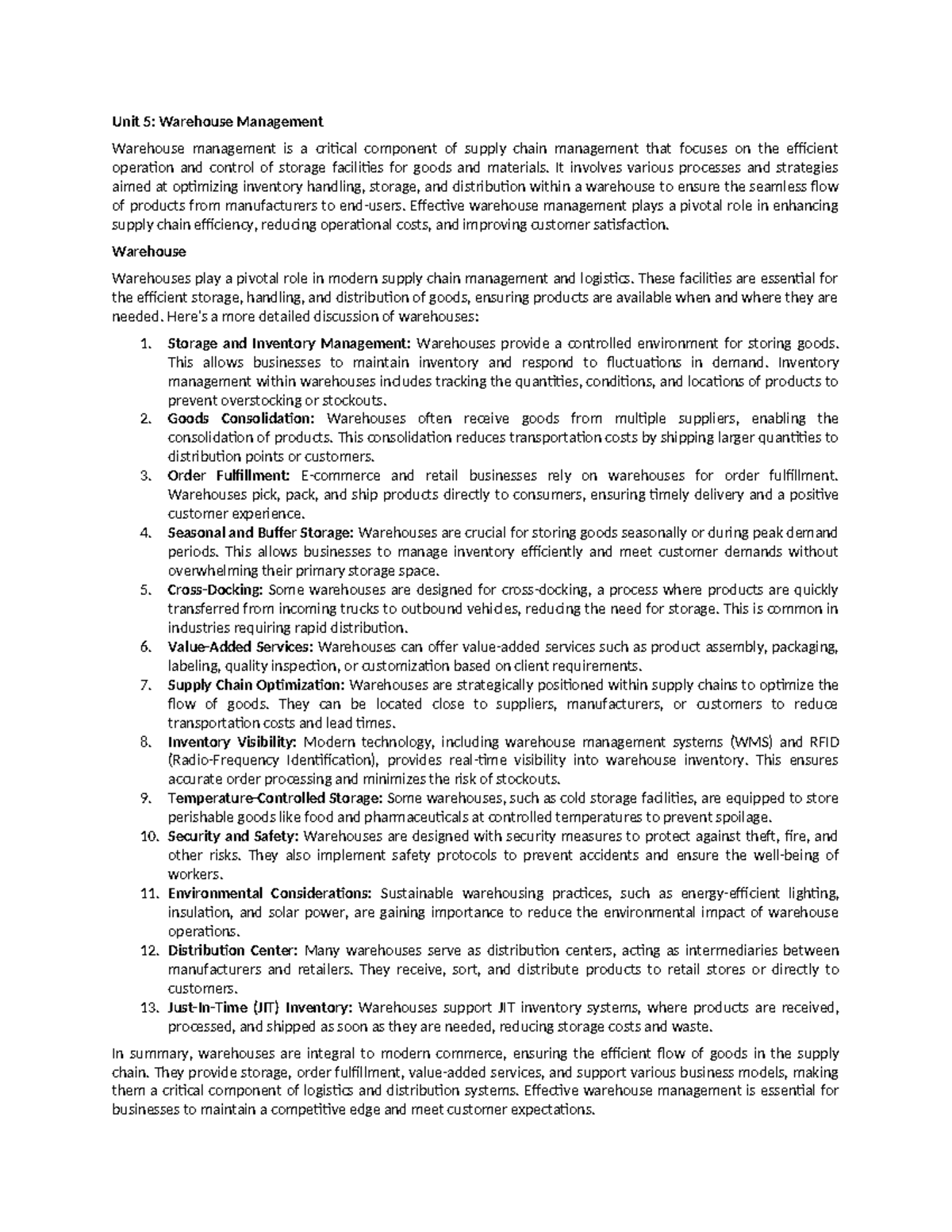 Unit 5: Warehouse Management in Supply Chain (SCM) - Studocu