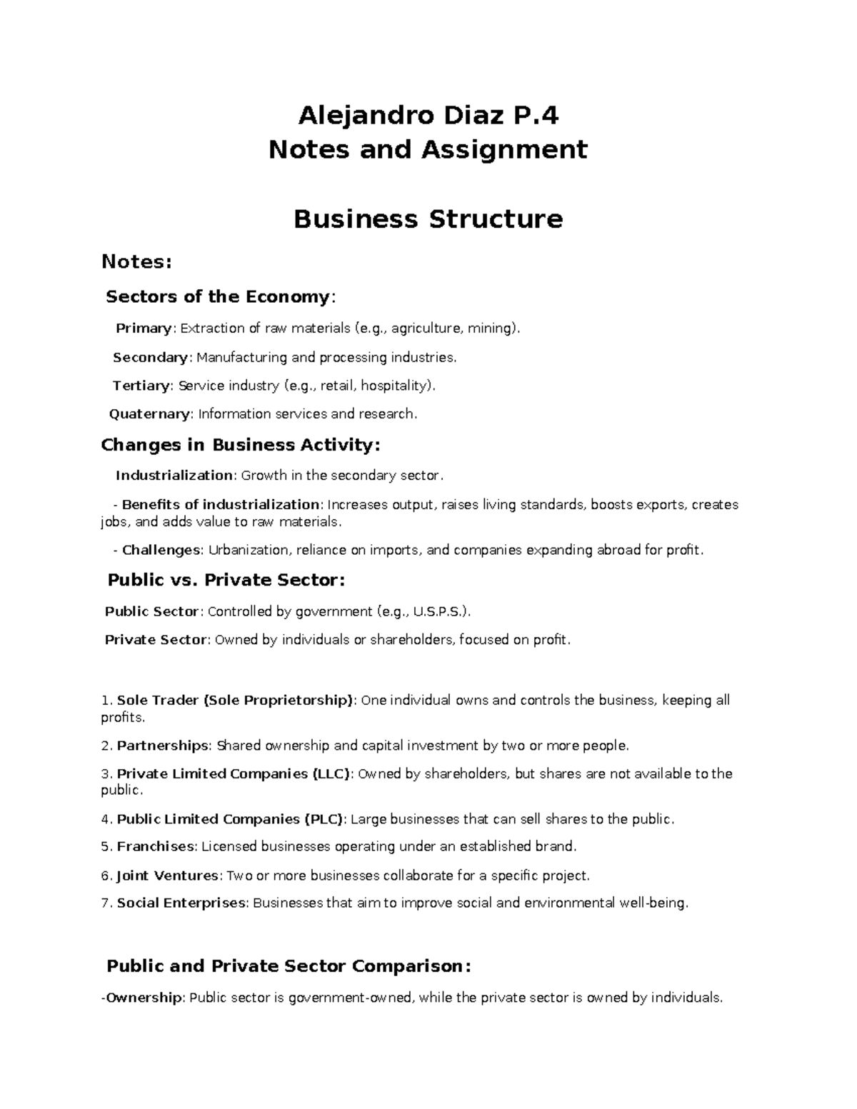 Notes and assignment business structure - Alejandro Diaz P. Notes and ...