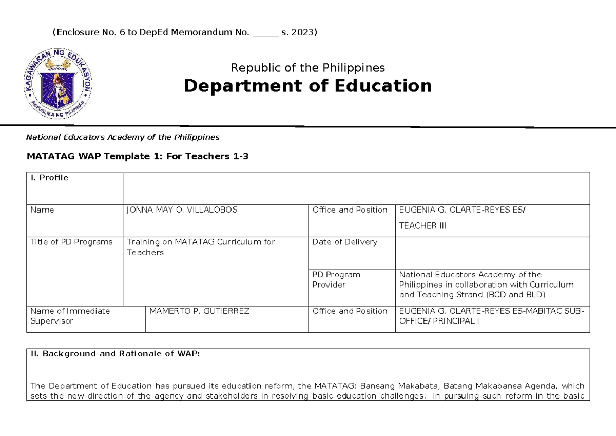 Final Exam MATATAG WAP Template 1 for Teachers (Jonna May O.) - Studocu
