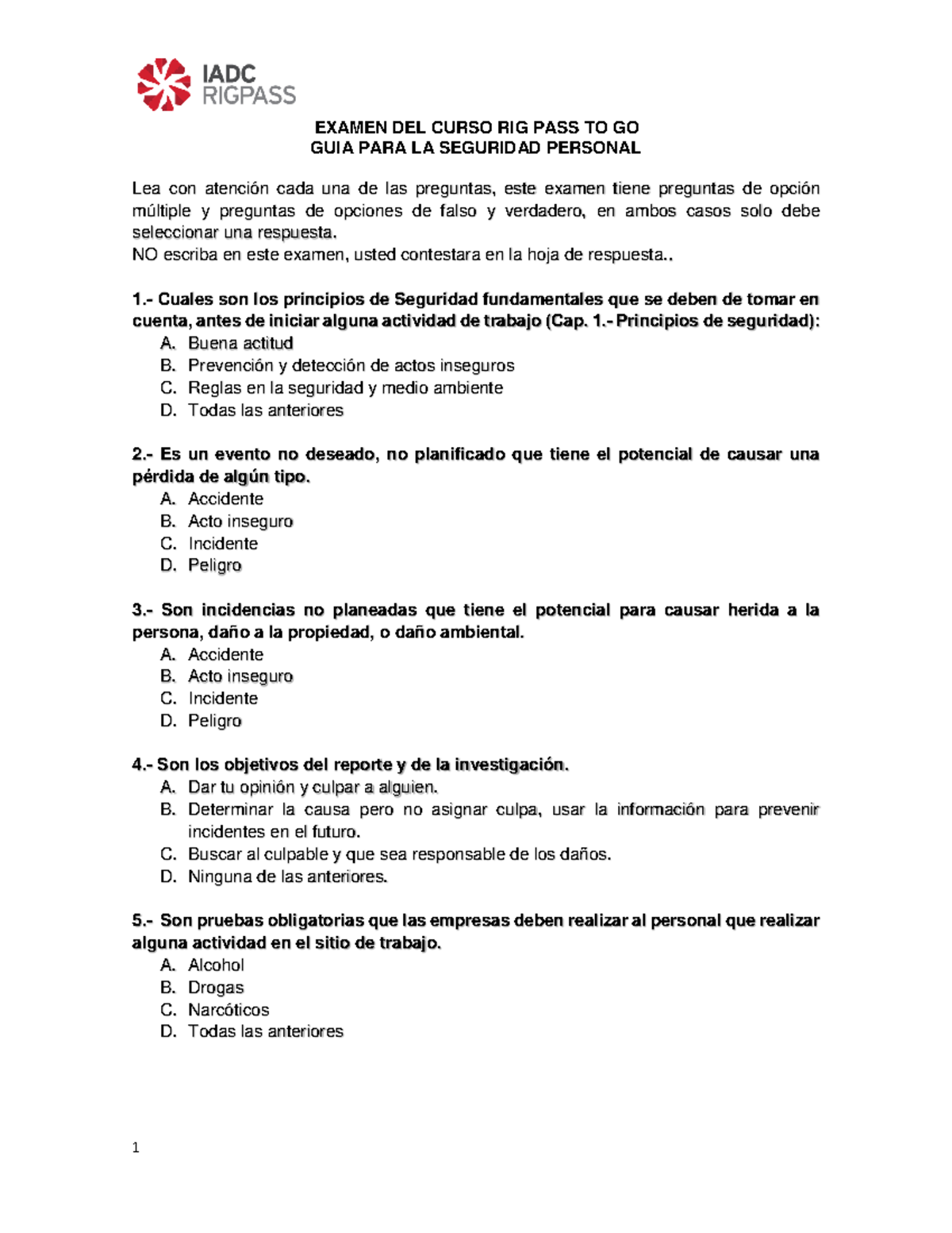 292514784 Examen Del Curso Rig Pass - EXAMEN DEL CURSO RIG PASS TO GO ...