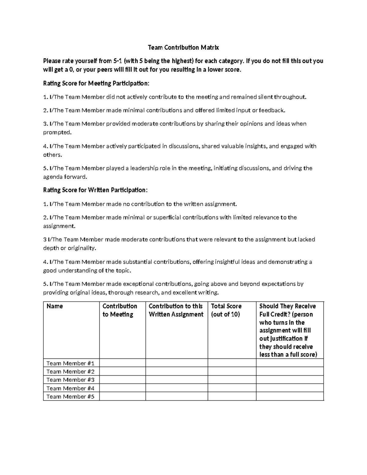 Team Contribution Matrix Template for Evaluating Participation - Studocu