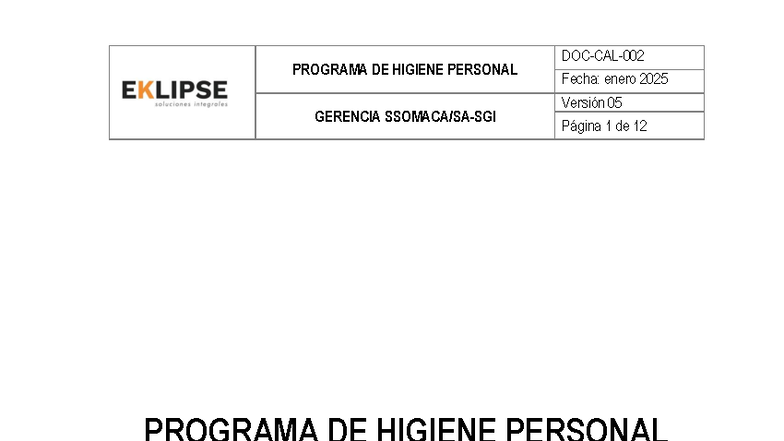 PROGRAMA DE HIGIENE PERSONAL GERENCIA 2025 - Versión 05 - Studocu