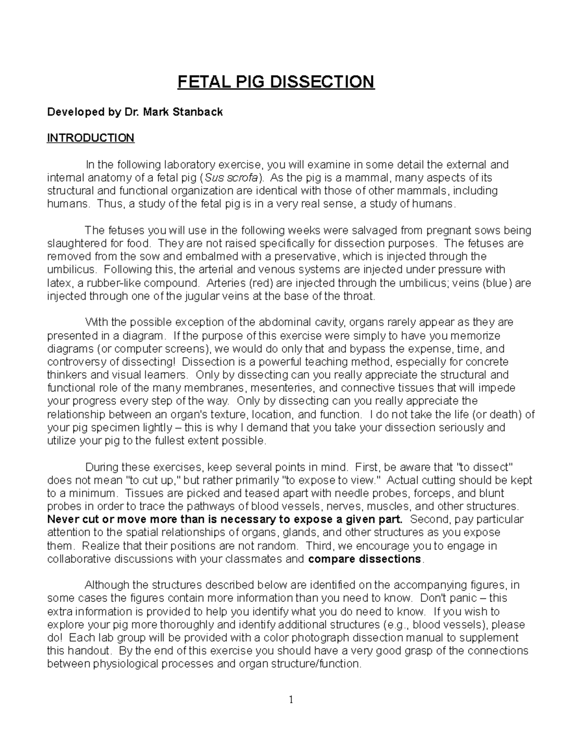 Fetal Pig Dissection Handout - FETAL PIG DISSECTION Developed by Dr ...