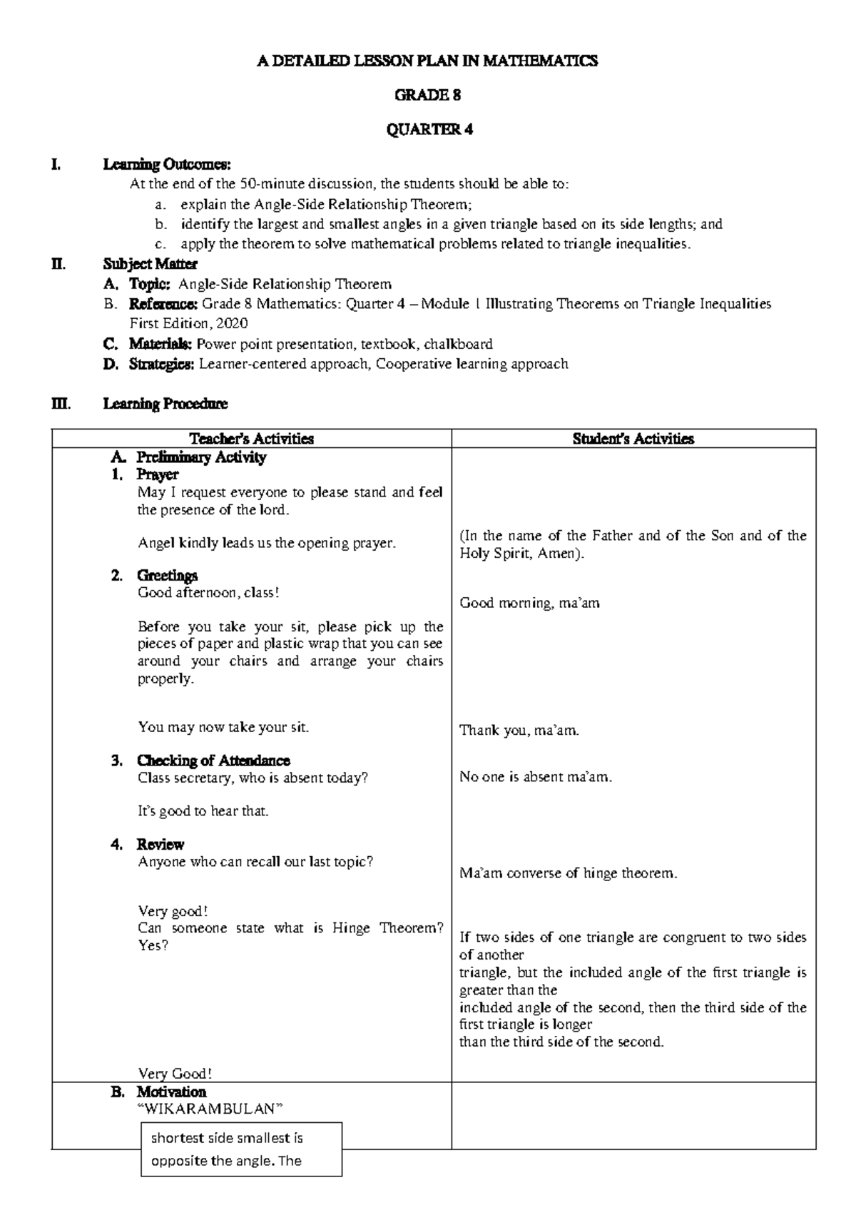Grade 8 Math Lesson Plan: Angle-Side Relationship Theorem Q4 - Studocu