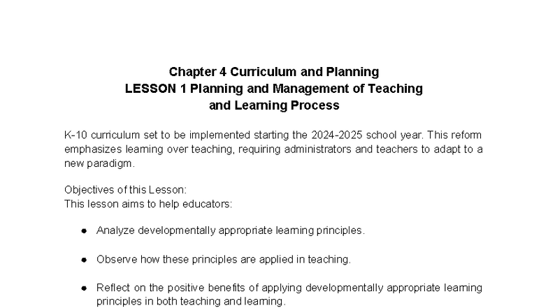 Fs1 Ch 4 Lesson 1 Planning Management Of Teaching Process Studocu