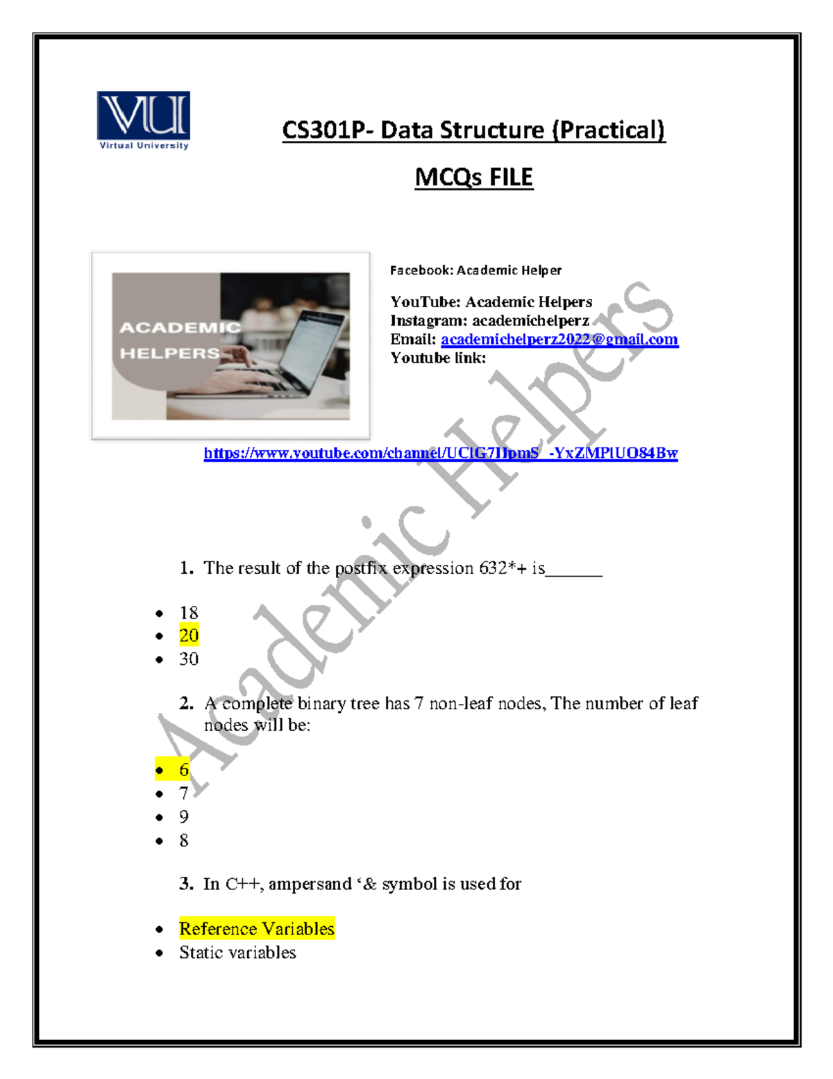 CS301P MCQs on Data Structures for Final Exam Preparation - Studocu