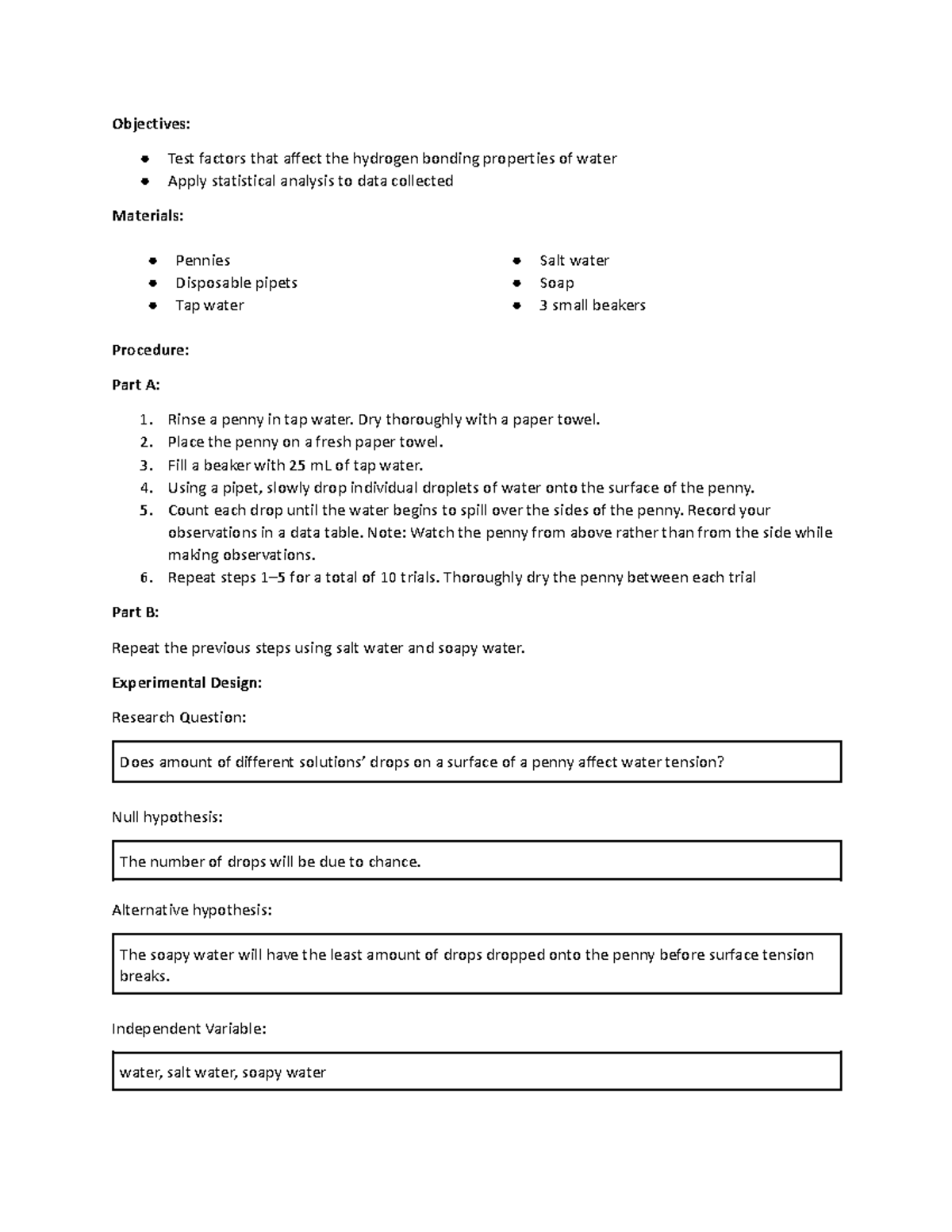 Penny Lab Experiment: Effects on Water Surface Tension - Studocu