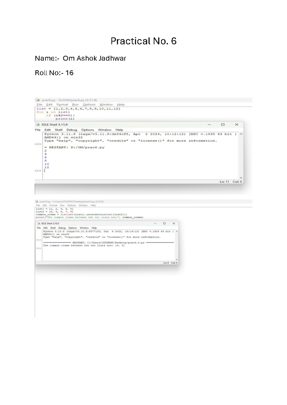 Practical No. 6: Python Coding Exercises and Outputs (3.11.9) - Studocu