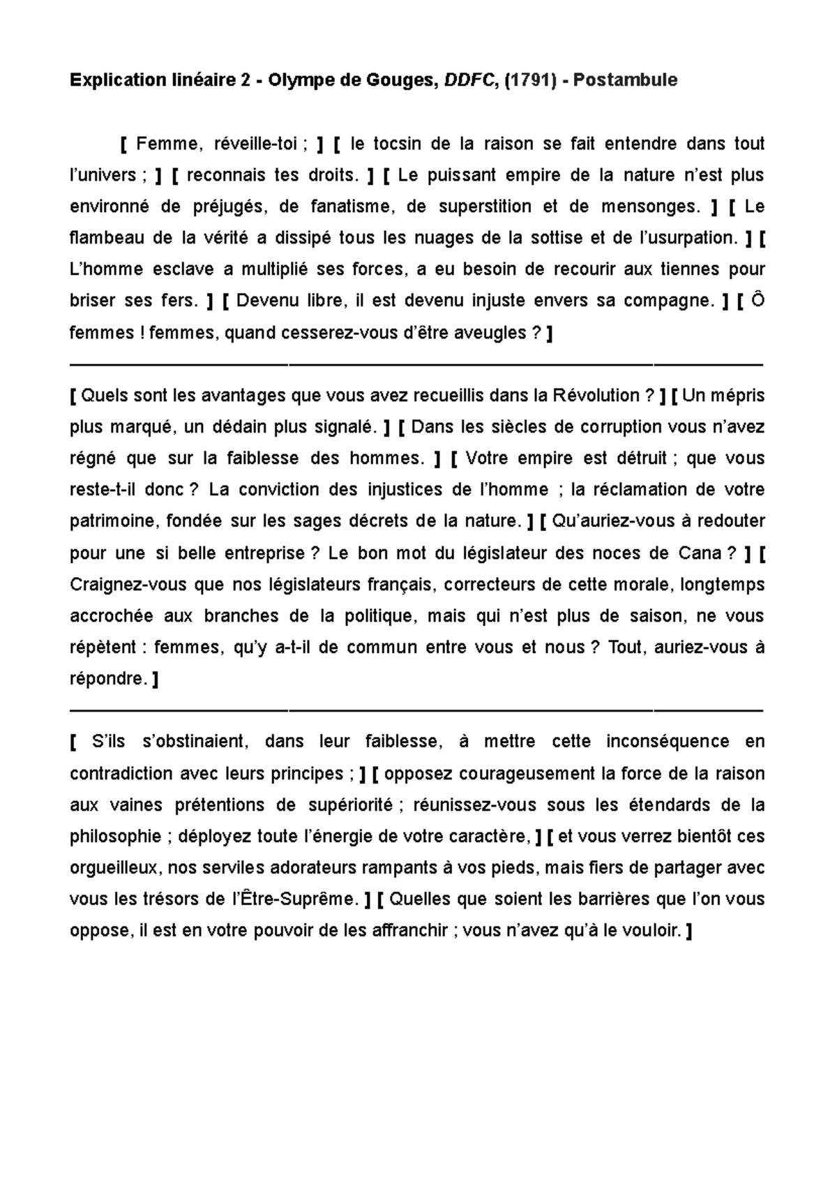 Explication linéaire - Postambule d'Olympe de Gouges, DDFC (1791) - Studocu