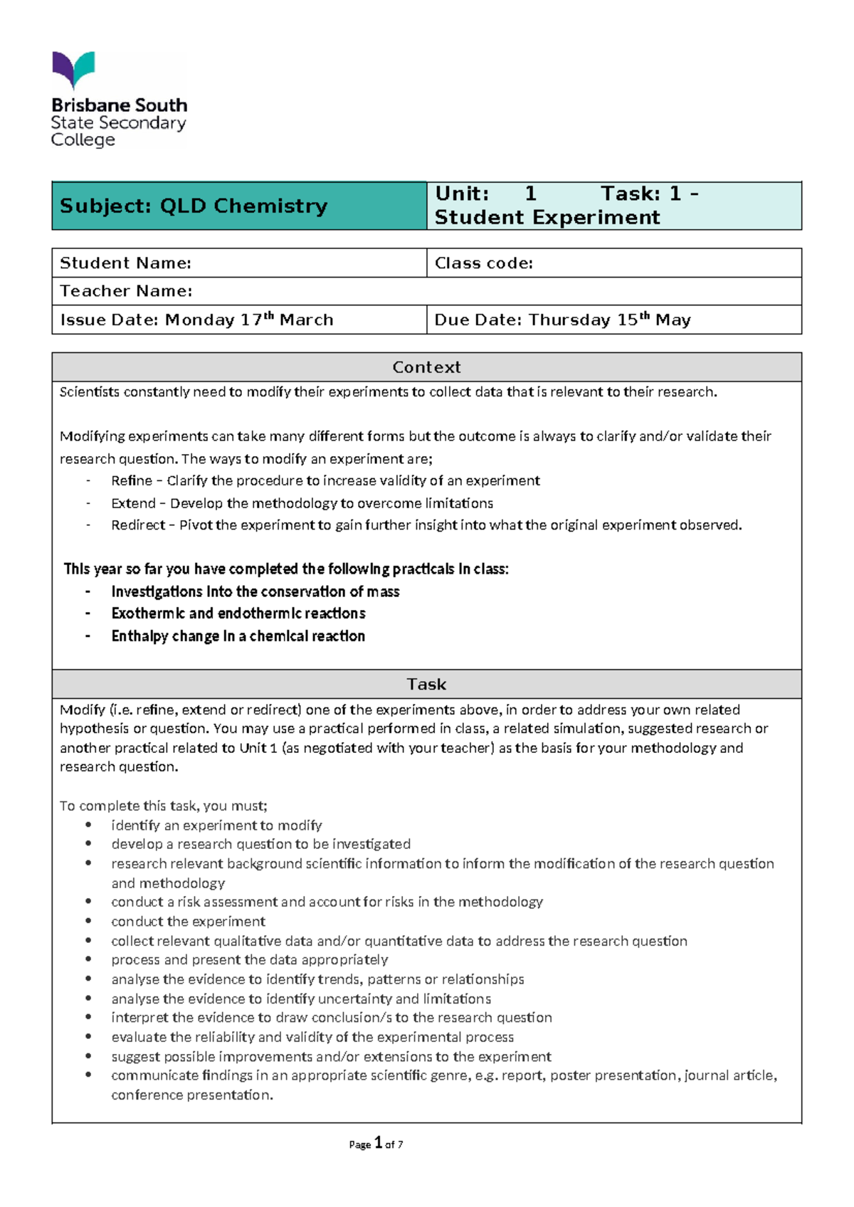 Unit 1 Chemistry Task 1: Modifying Student Experiments - Studocu