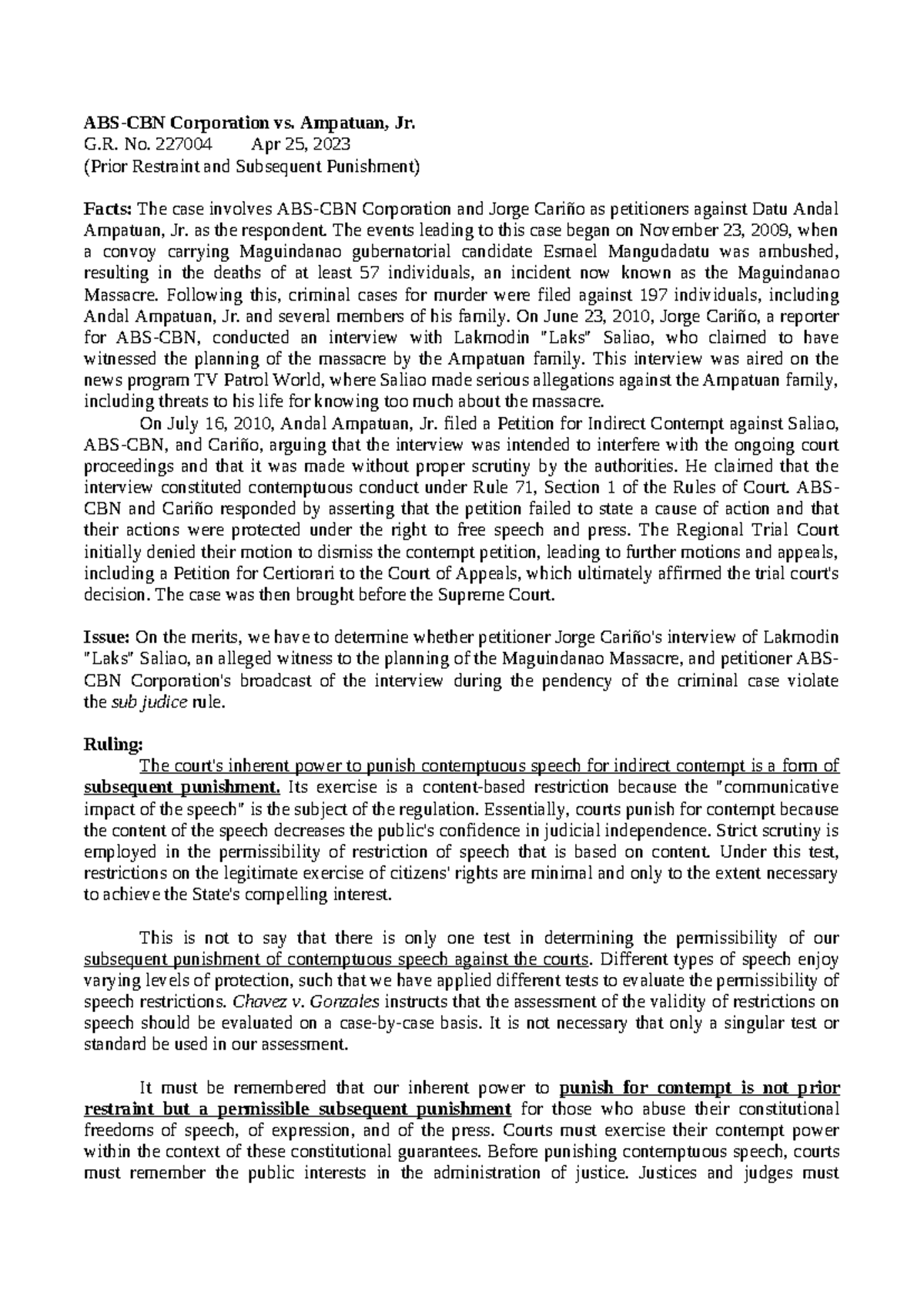 ABS-CBN vs. Ampatuan, Jr. G.R. No. 227004: Contempt and Free Speech ...