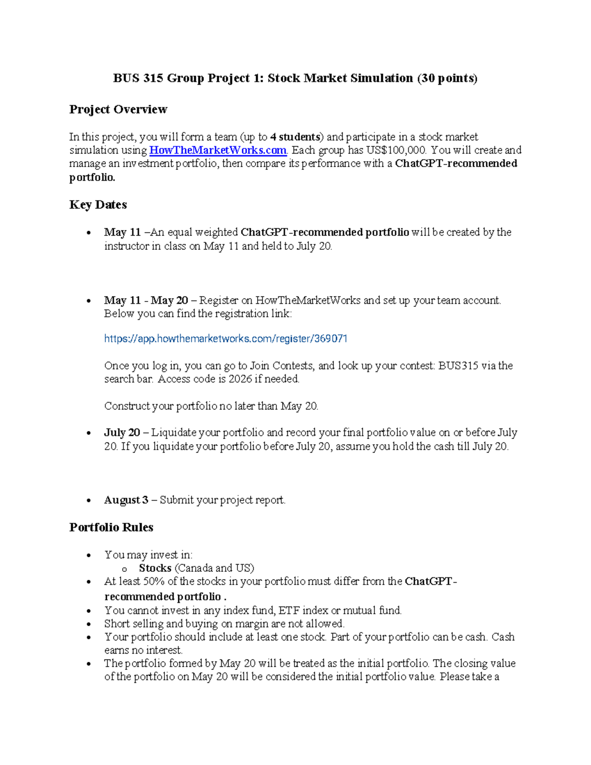 BUS 315 Group Project 1: Stock Market Simulation Overview - Studocu