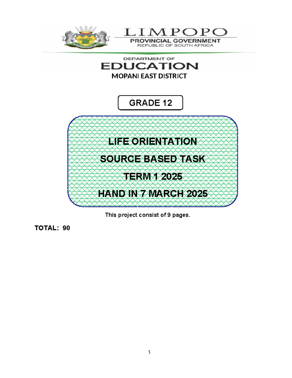 Graad 12 LIFE ORIENTATION TERM 1 Source-Based Task 2025: Managing ...
