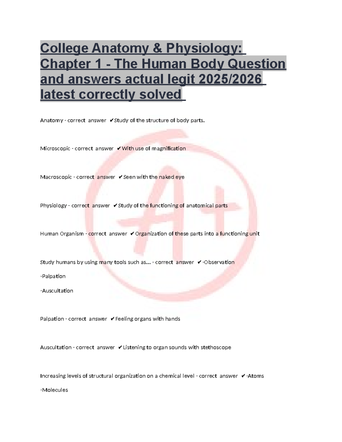 College Anatomy: Chapter 1 - The Human Body Q&A Guide - Studocu