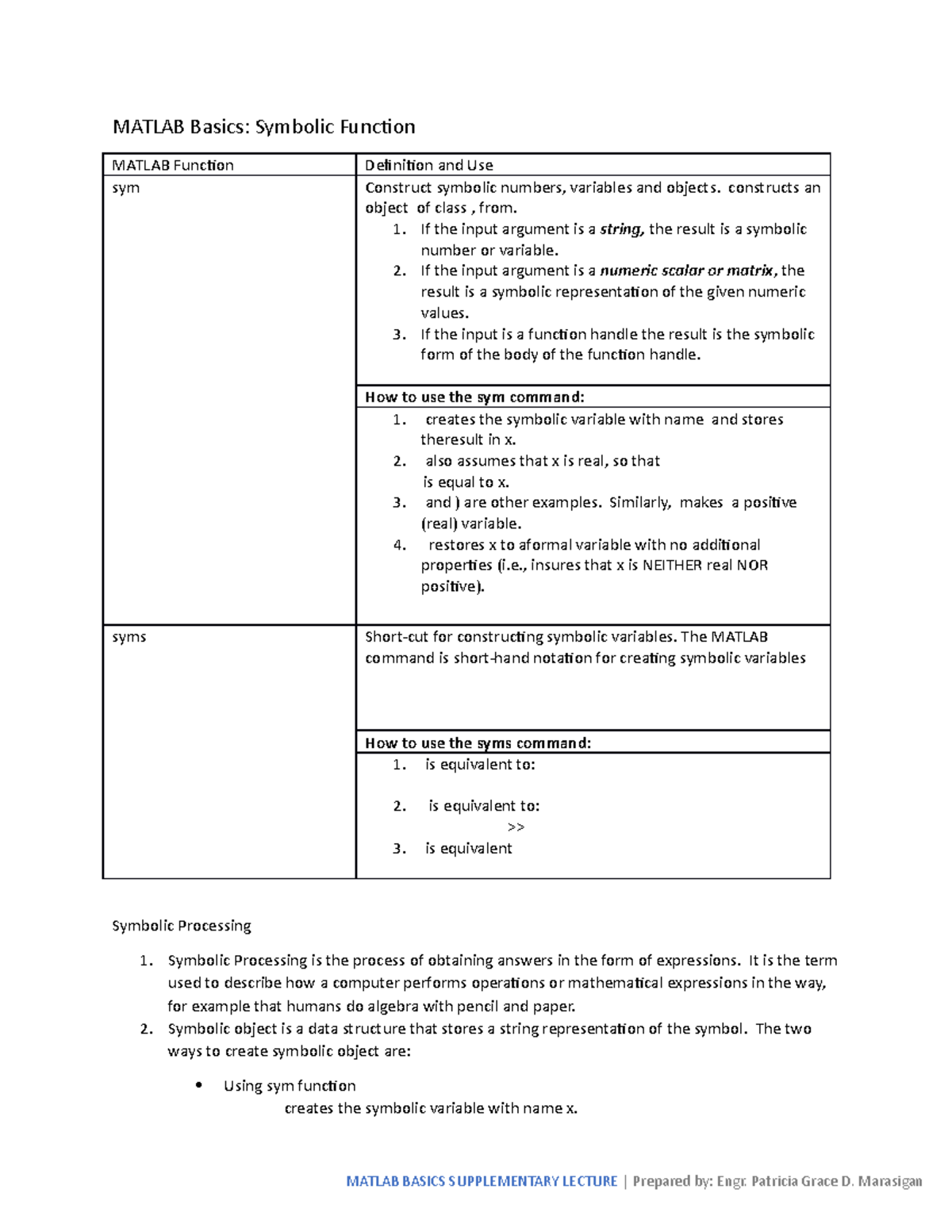 Supplementary Lecture Symbolic Function Matlab Basics Symbolic