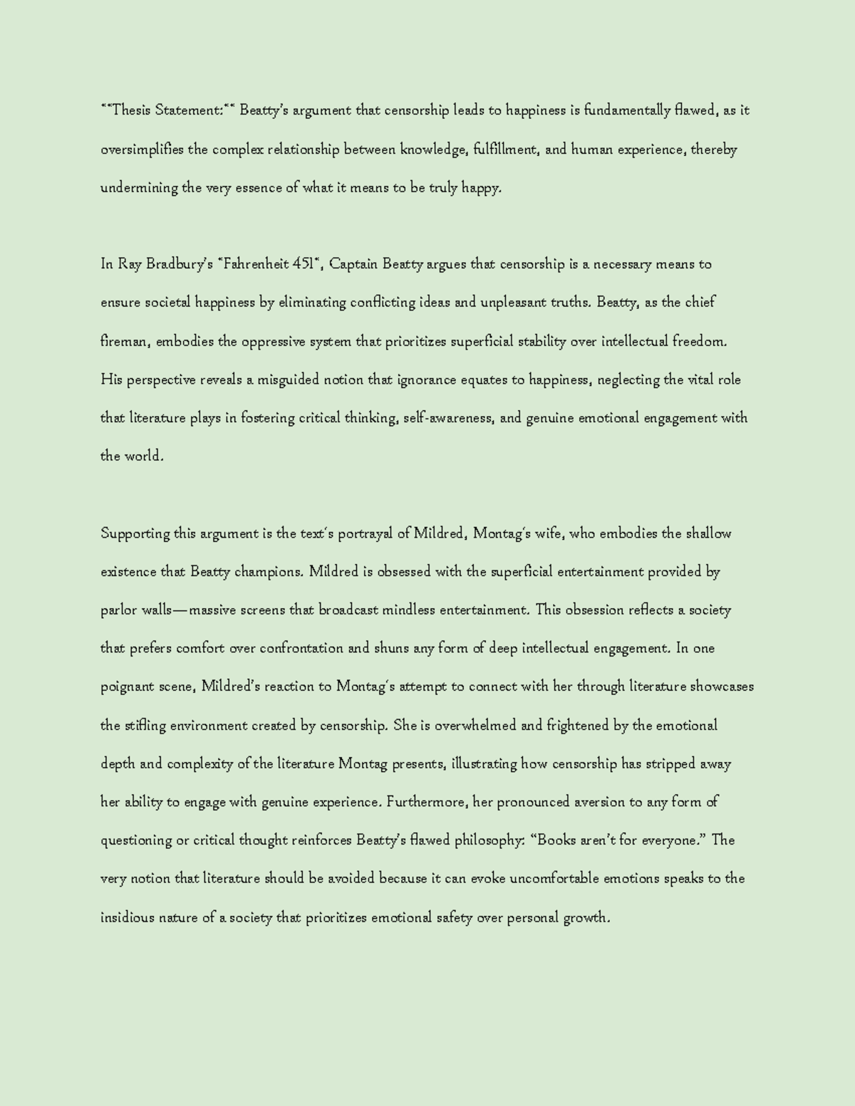 Argumentative Analysis: Captain Beatty's Flawed Censorship in ...