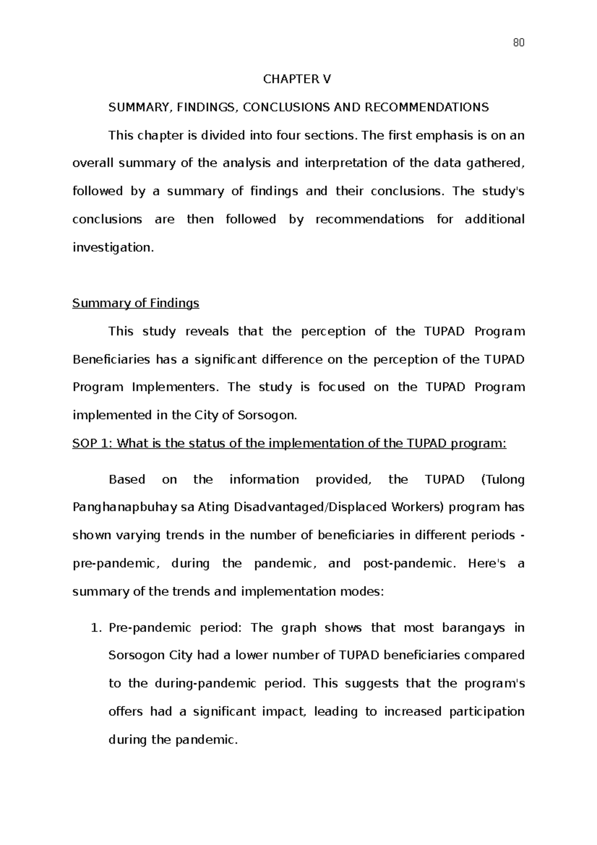 Chapter V - Analysis of TUPAD Program Impact and Recommendations - Studocu