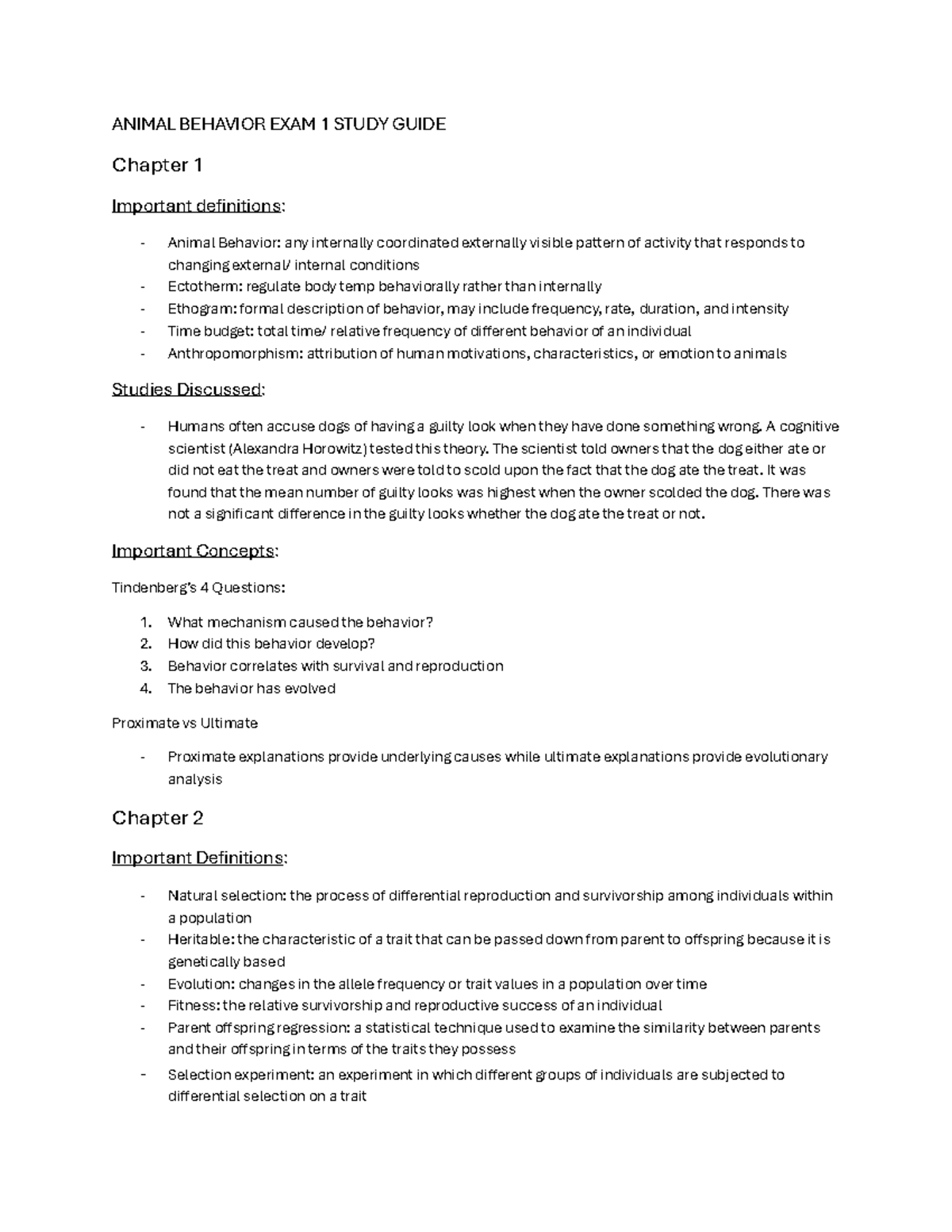 Animal Behavior Exam 1 Study Guide: Key Concepts & Definitions - Studocu