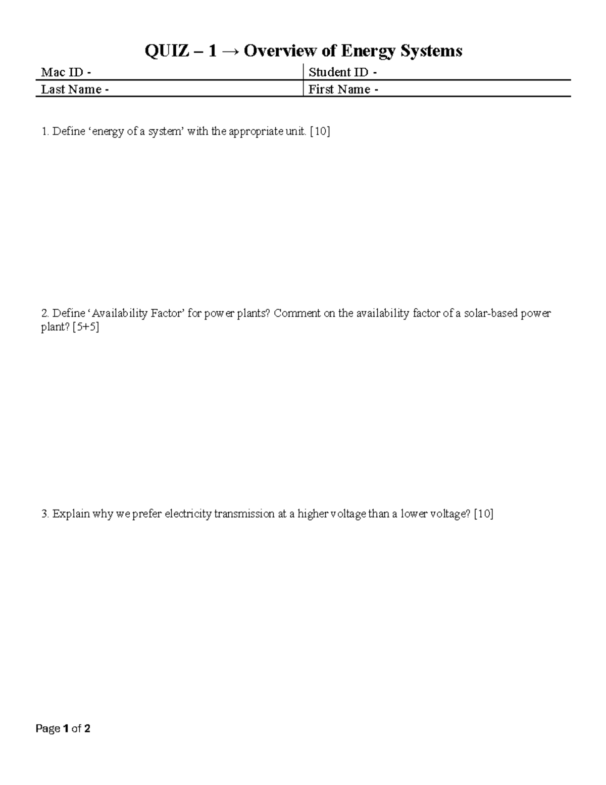QUIZ 1: Overview of Energy Systems - Set A Questions - Studocu