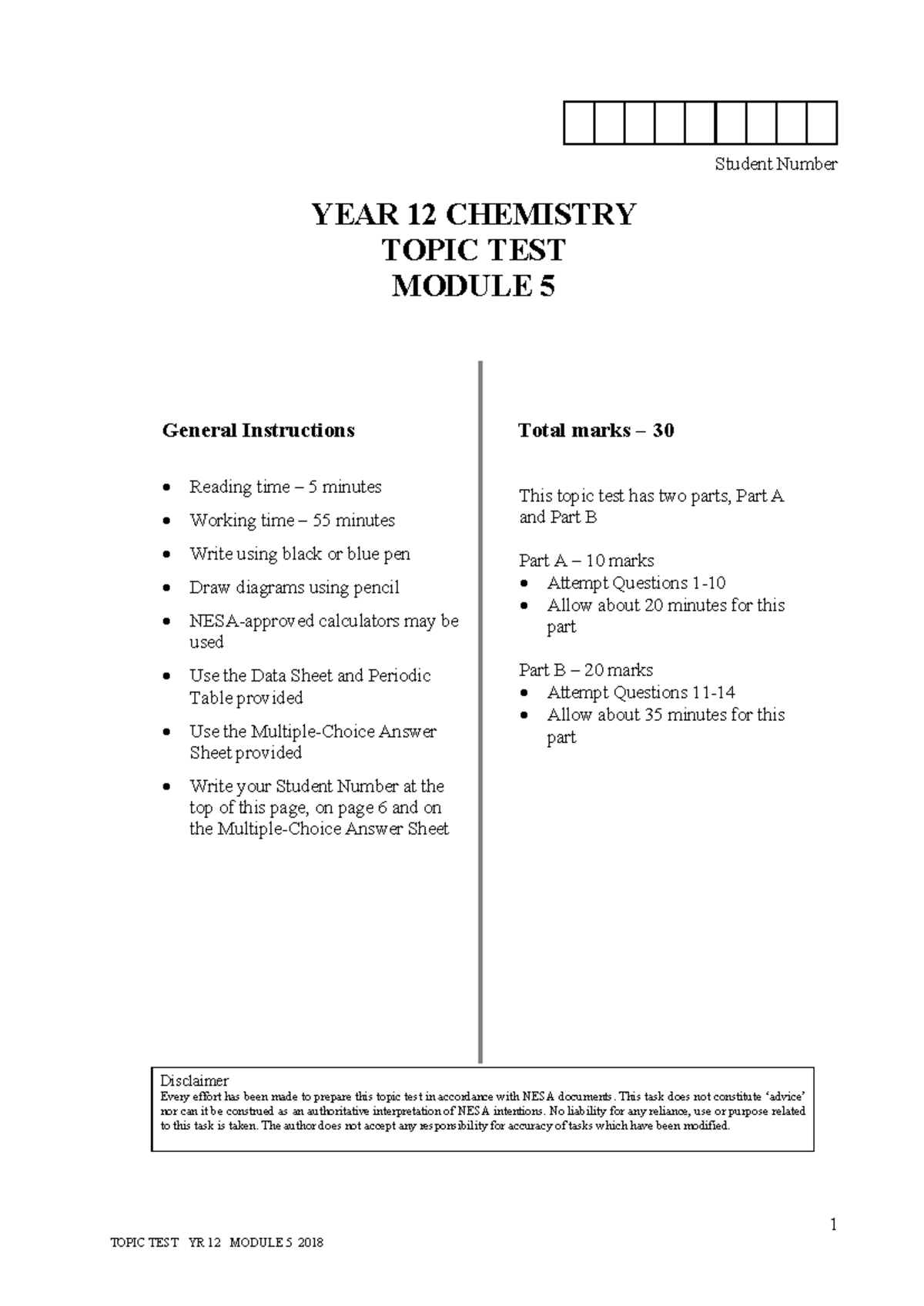 Year 12 Chemistry Topic Test - Module 5 (2018) - Studocu