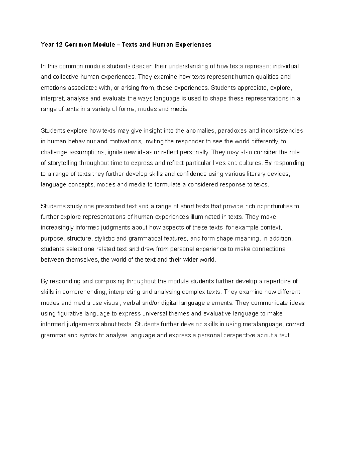 Year 12 Common Module: Texts & Human Experiences Overview - Studocu