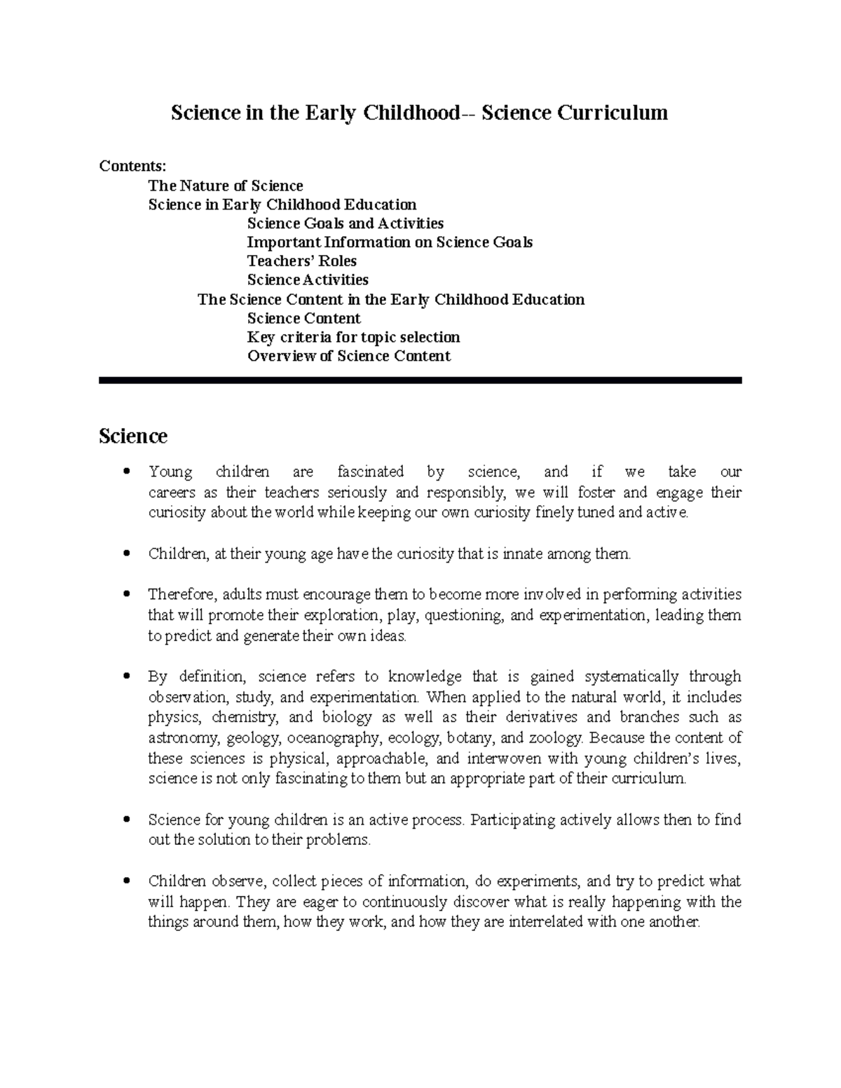 Science in the Early Childhood- Science Curriculum - Science in the ...