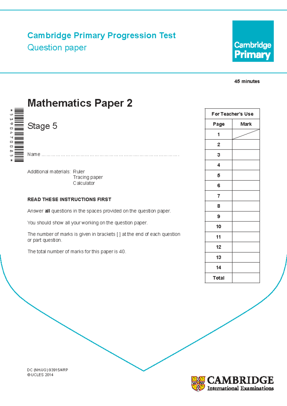 Maths Stage 5 Progression Test Paper 2 (45 min) - UCLES 2014 - Studocu