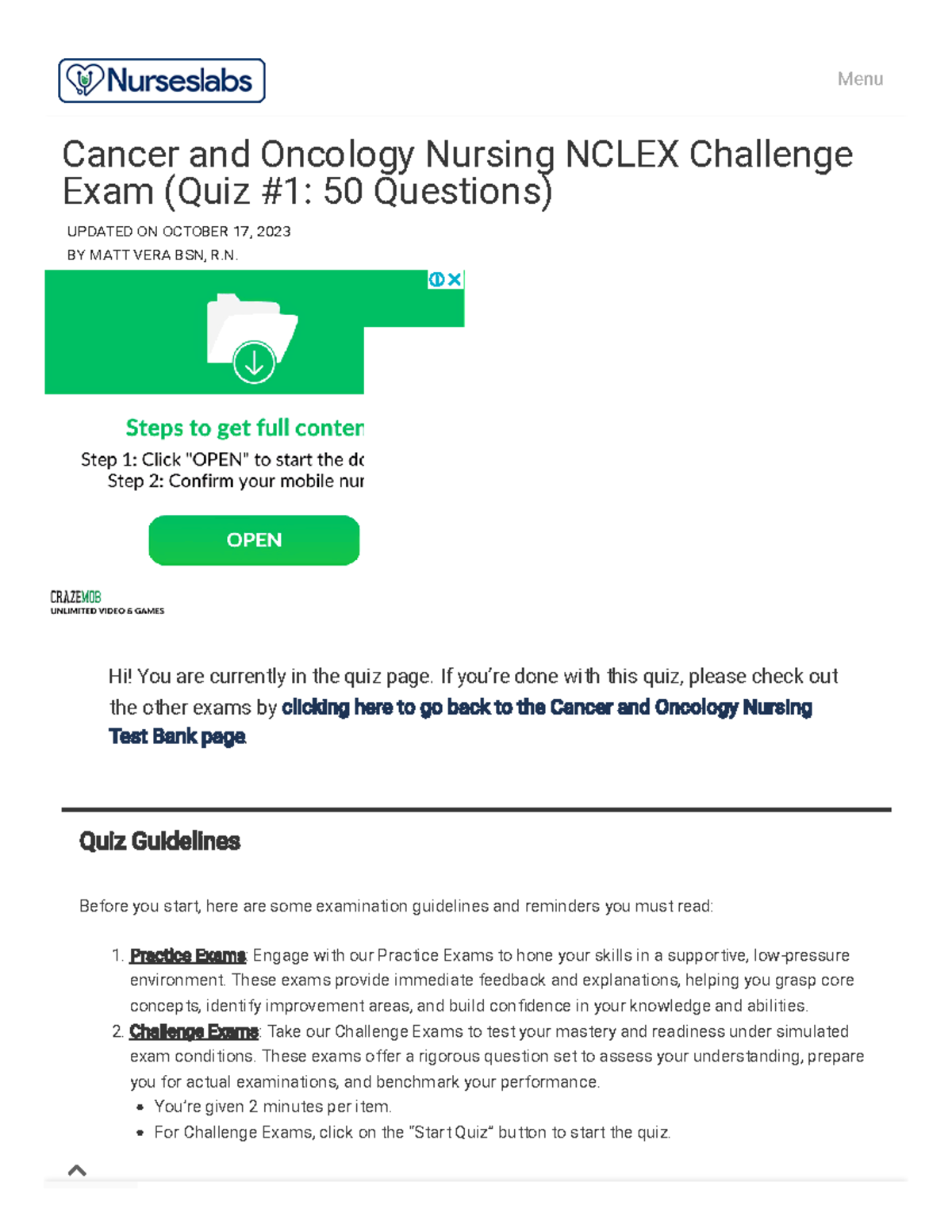 Oncology Nursing NCLEX Quiz #1: 50 Questions for Students - Studocu