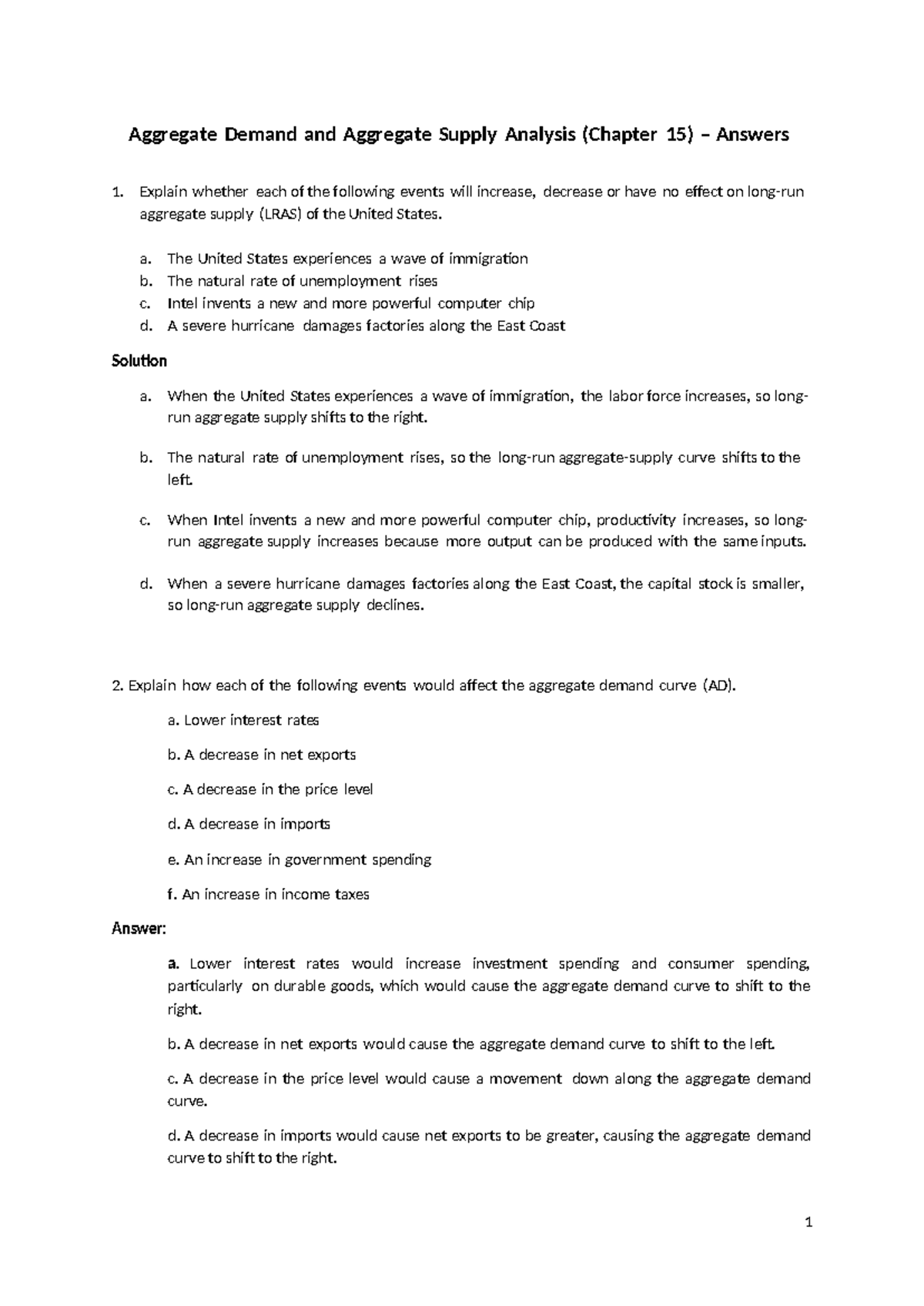 Tutorial 7: Aggregate Demand & Supply Analysis (Chapter 15) Answers ...