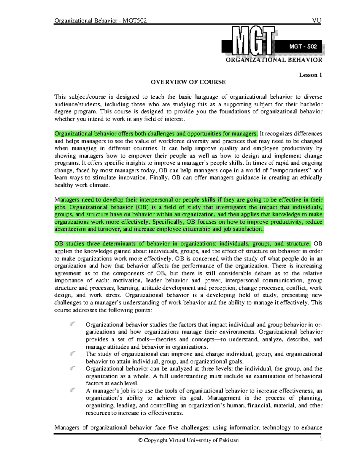 MGT502 Organizational Behaviour Lecture Notes and Key Concepts - Studocu
