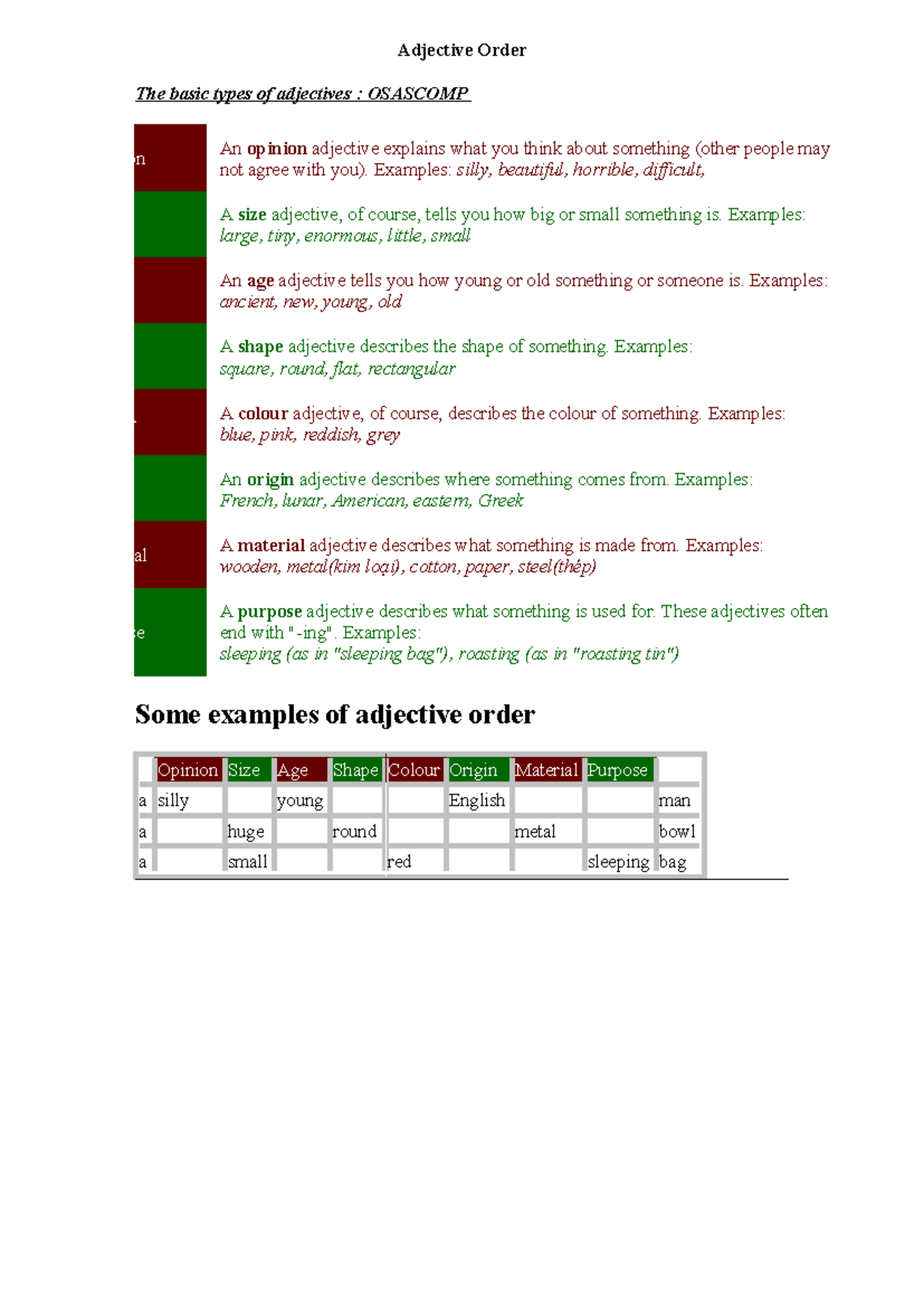 Adjective order - Adjective Order The basic types of adjectives ...